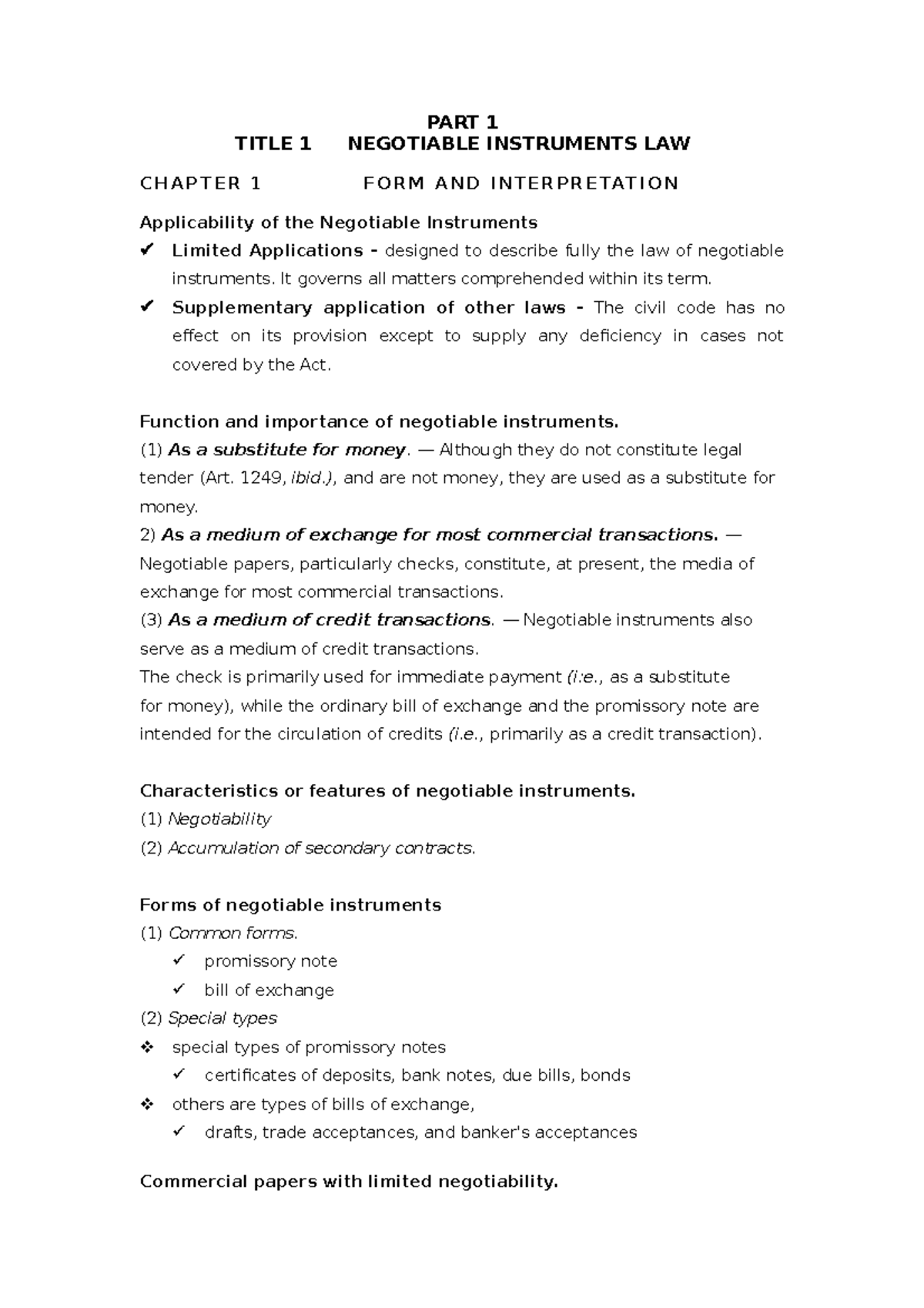 Notes LAW3 NEGOTIABLE INSTRUMENTS PART 1 TITLE 1 NEGOTIABLE notes-law3-negotiable-instruments-part-1-title-1-negotiable