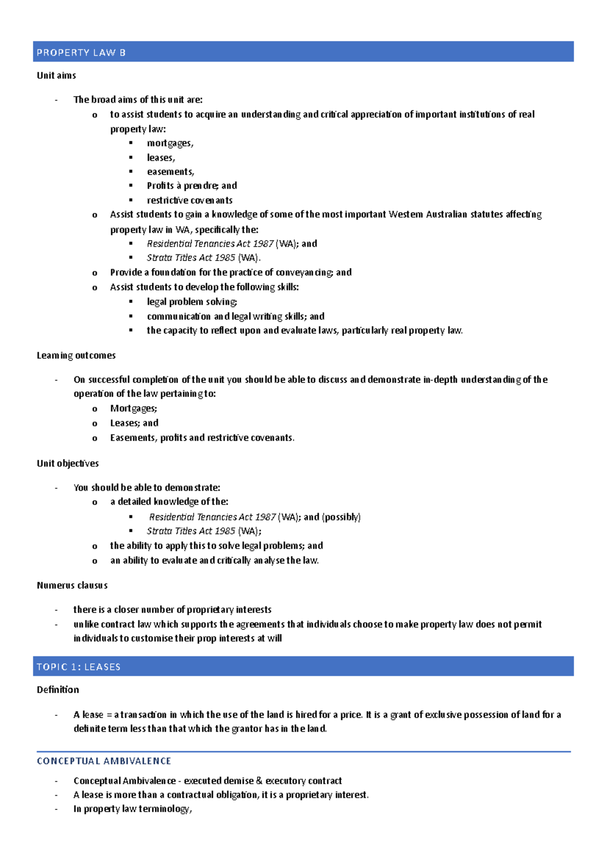Property law B lecture notes entire - PROPERTY LAW B Unit aims The ...
