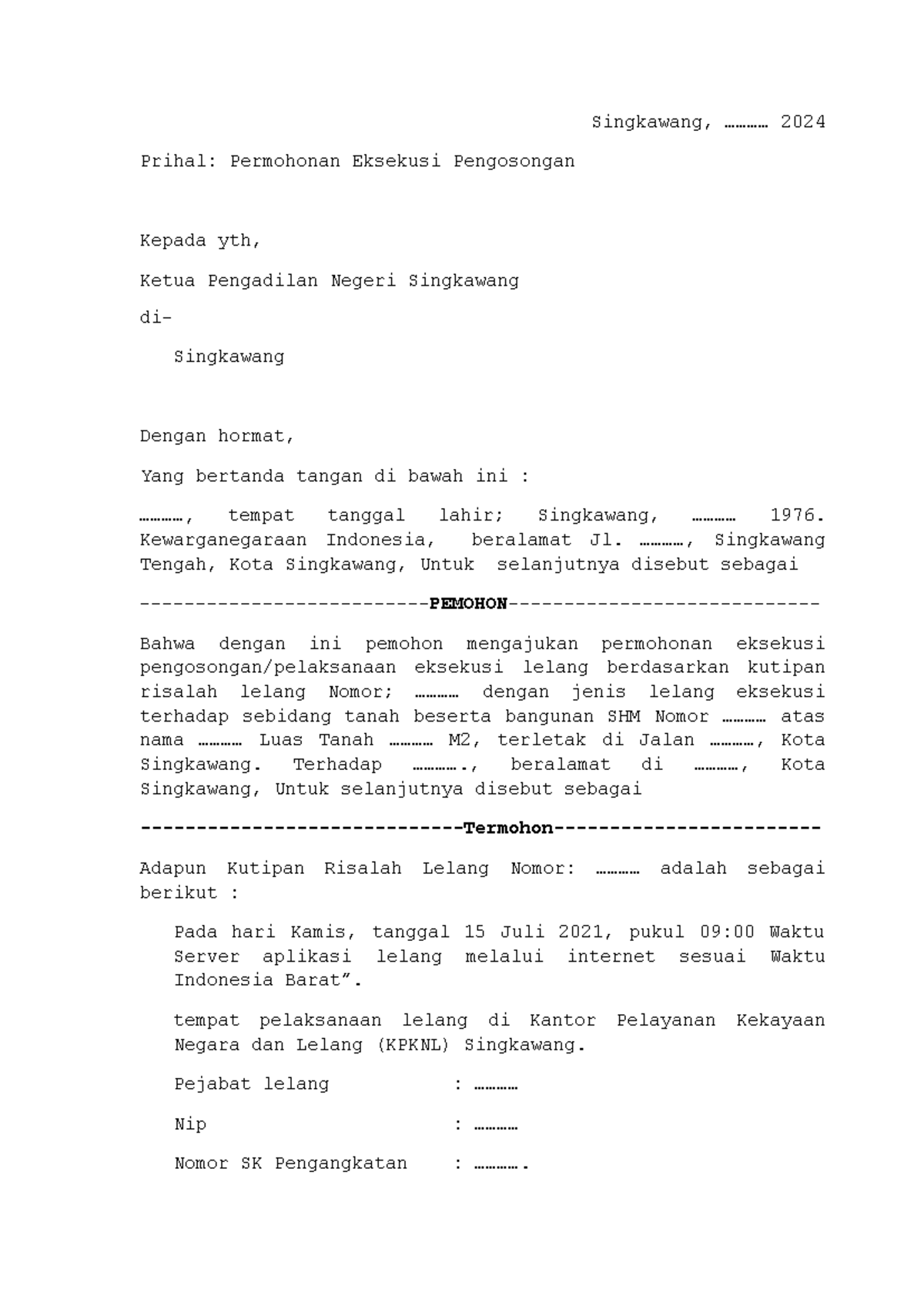 Contoh Permohonan Eksekusi Lelang - Copy - Singkawang ...