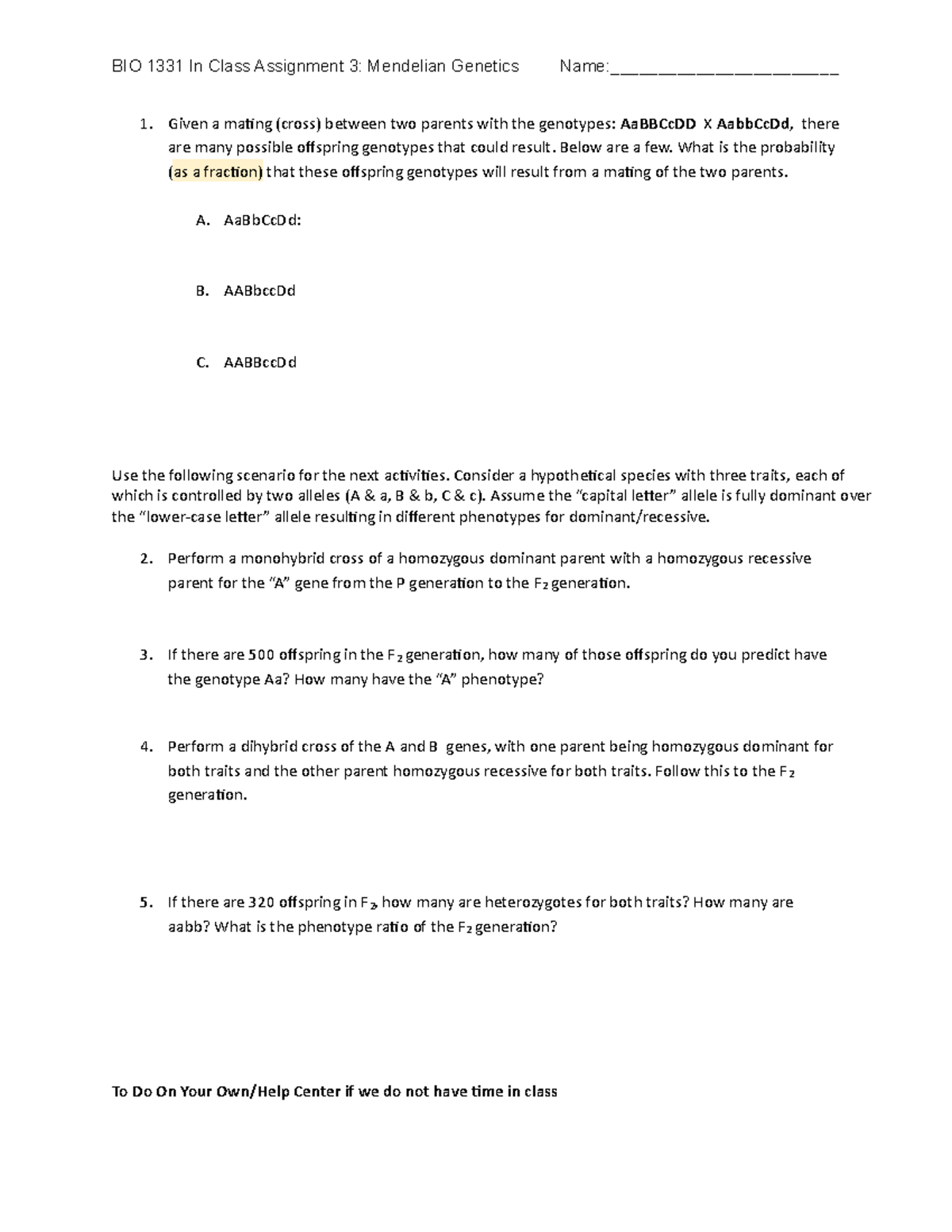 SP 22 BIO 1331 Mendel In Class 3 - BIO 1331 In Class Assignment 3 ...