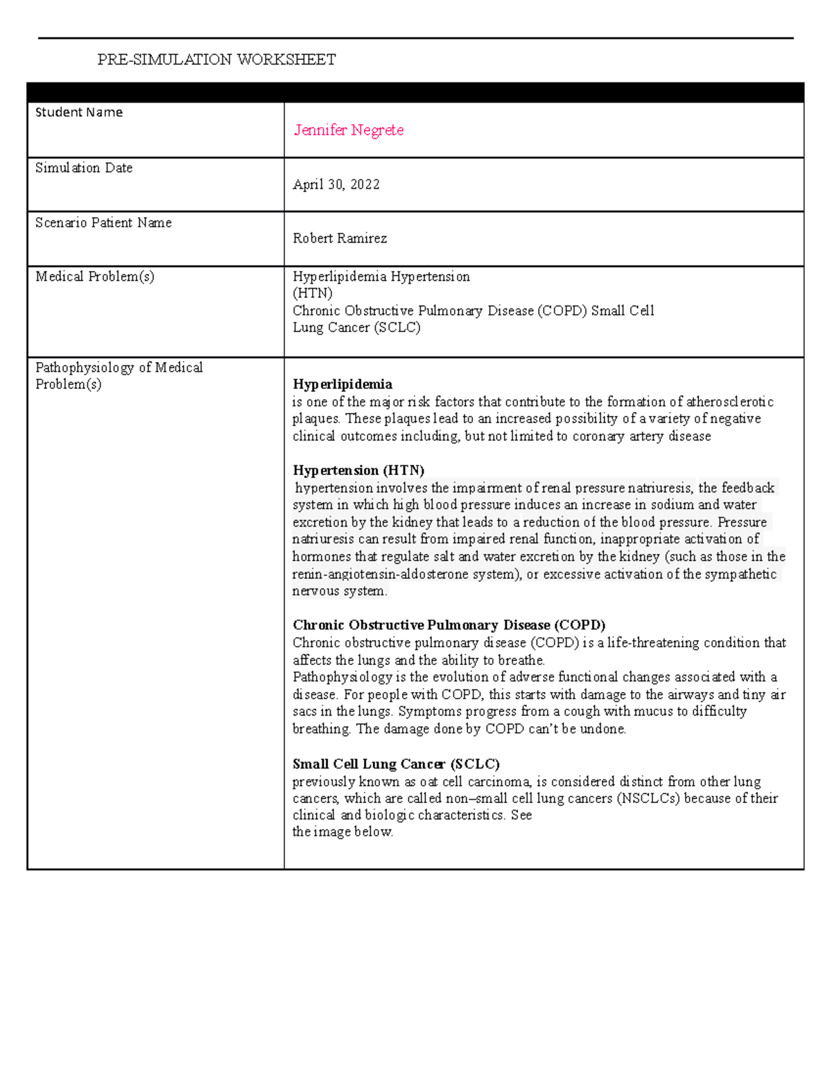 Robert Ramirez pre SIMulation paperwork - Student Name Jennifer Negrete ...