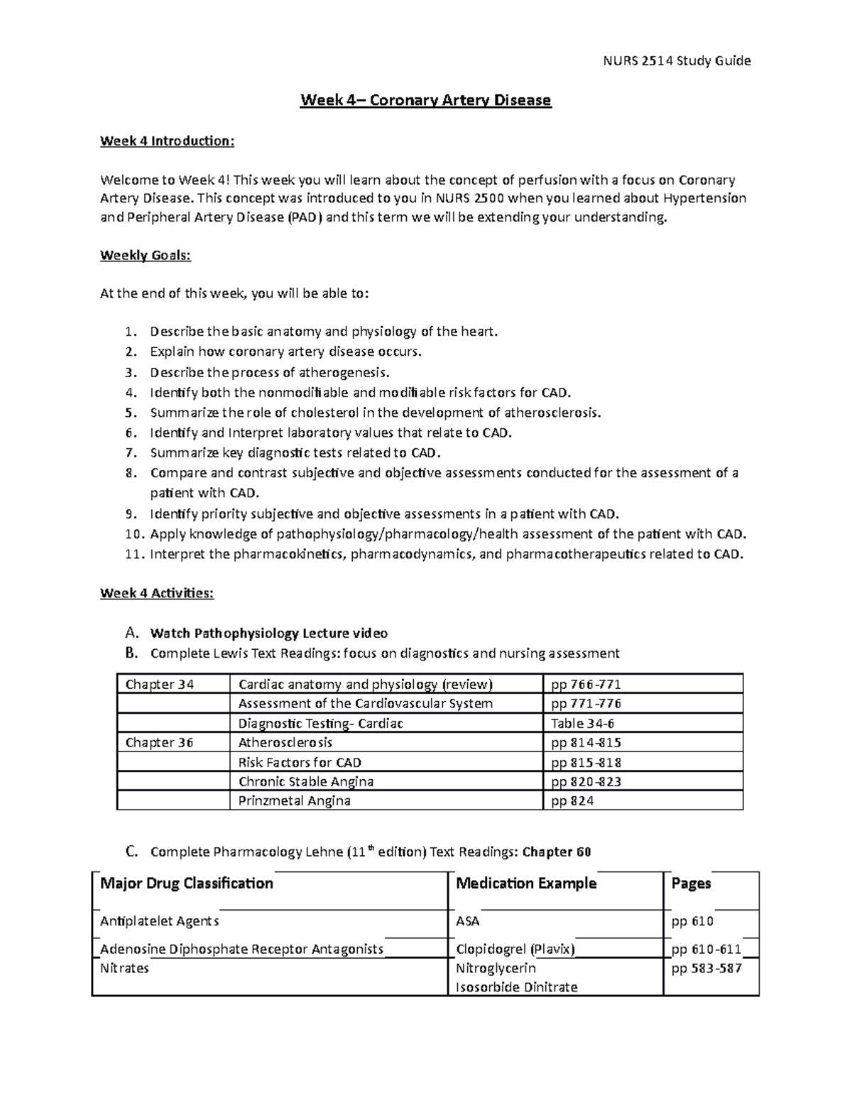 Week 4 Study Guide CAD - NURS 2514 Study Guide Week 4– Coronary Artery ...