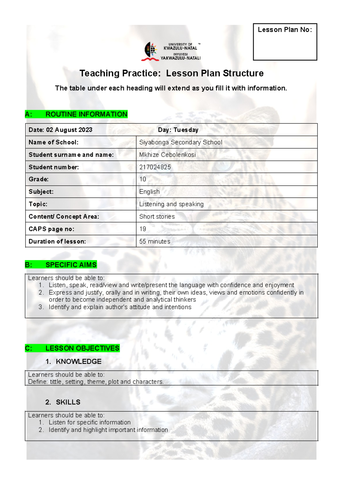 3 - dfffffffger - Teaching Practice: Lesson Plan Structure The table ...