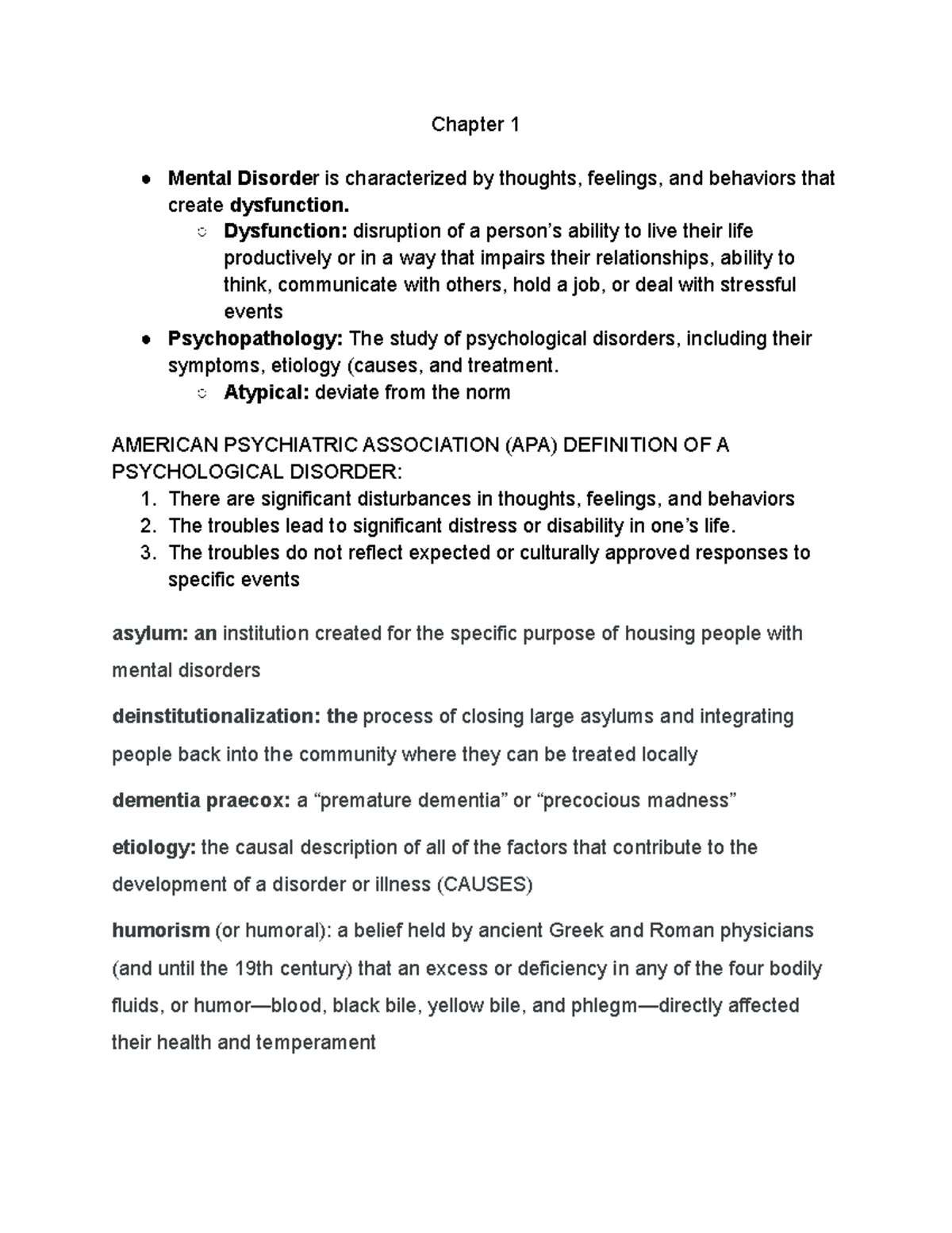 Abnormal Psychology Notes - Chapter 1 Mental Disorder is characterized ...