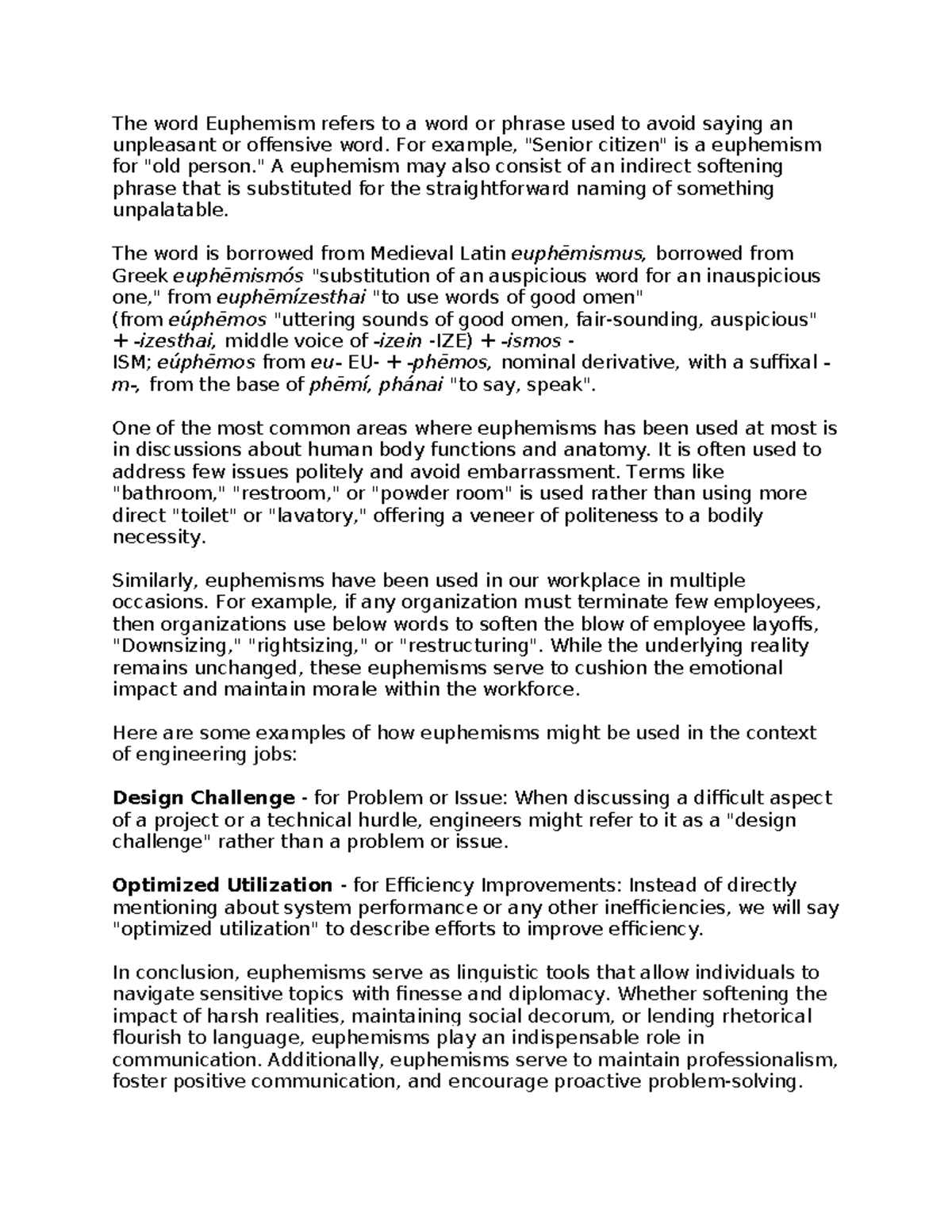 Assignment 1 Prof Coomn 2024 - The word Euphemism refers to a word or ...