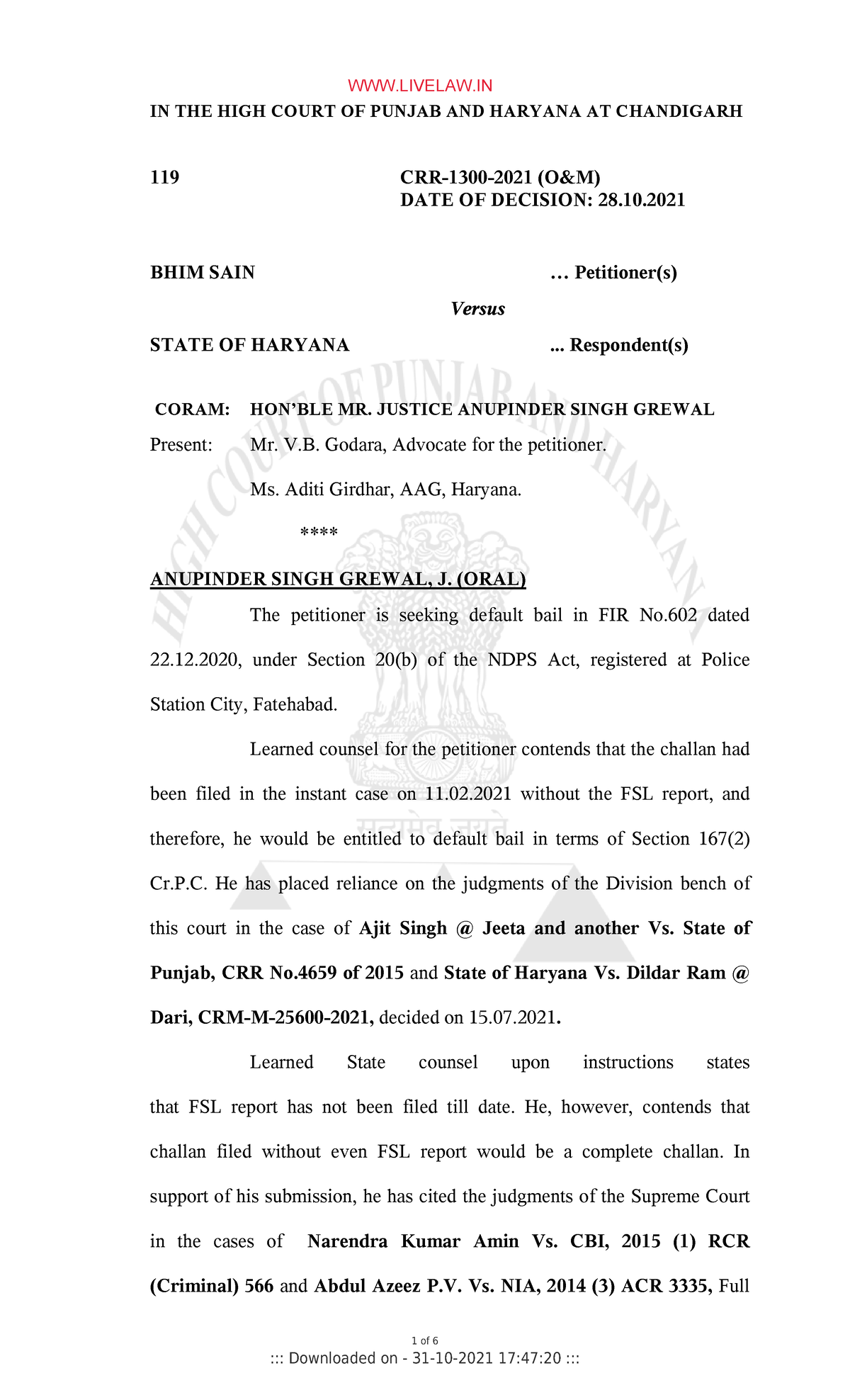 Ndps fsl report punjab and haryana hc 403337 - - Studocu