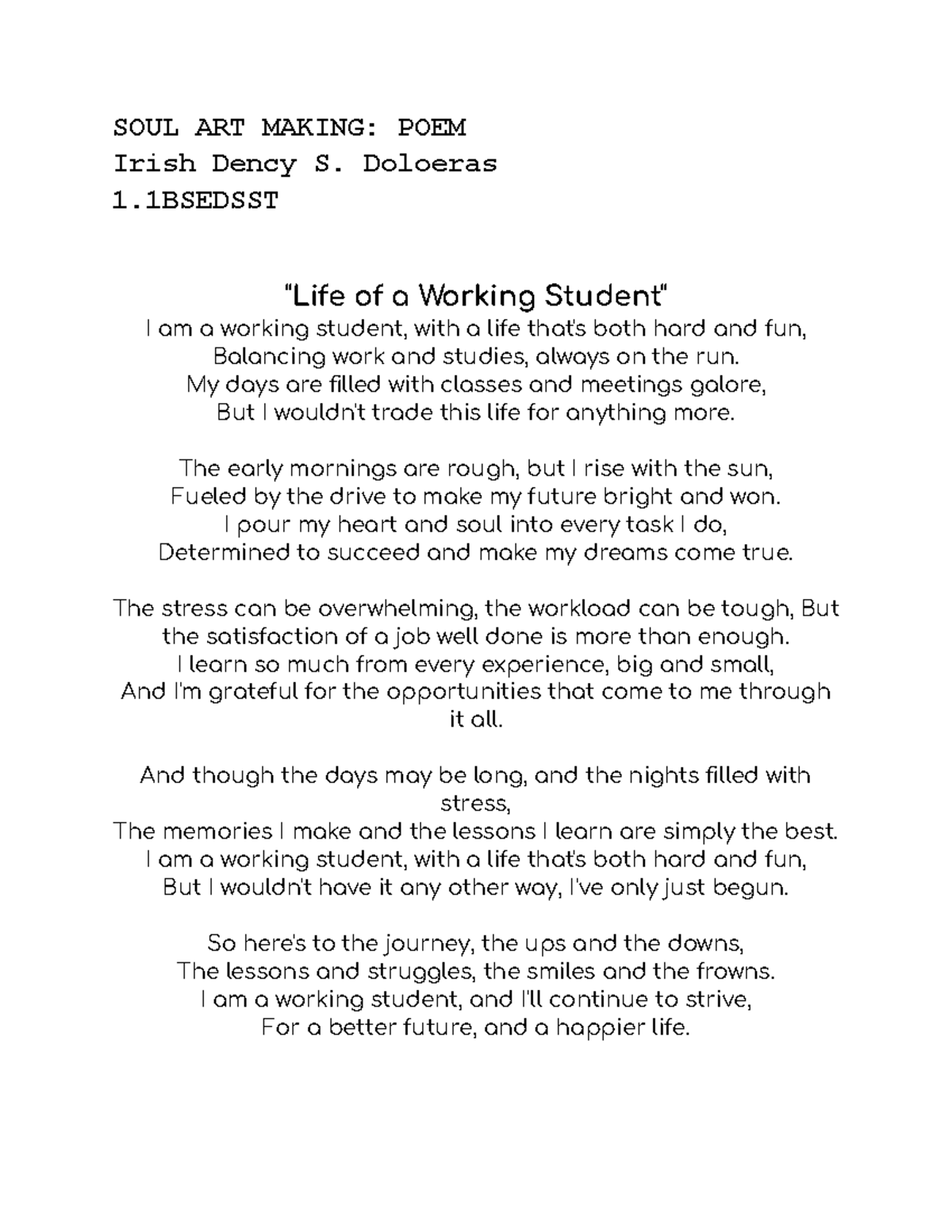 SOUL ART Making - SOUL ART MAKING: POEM Irish Dency S. Doloeras 1 "Life ...