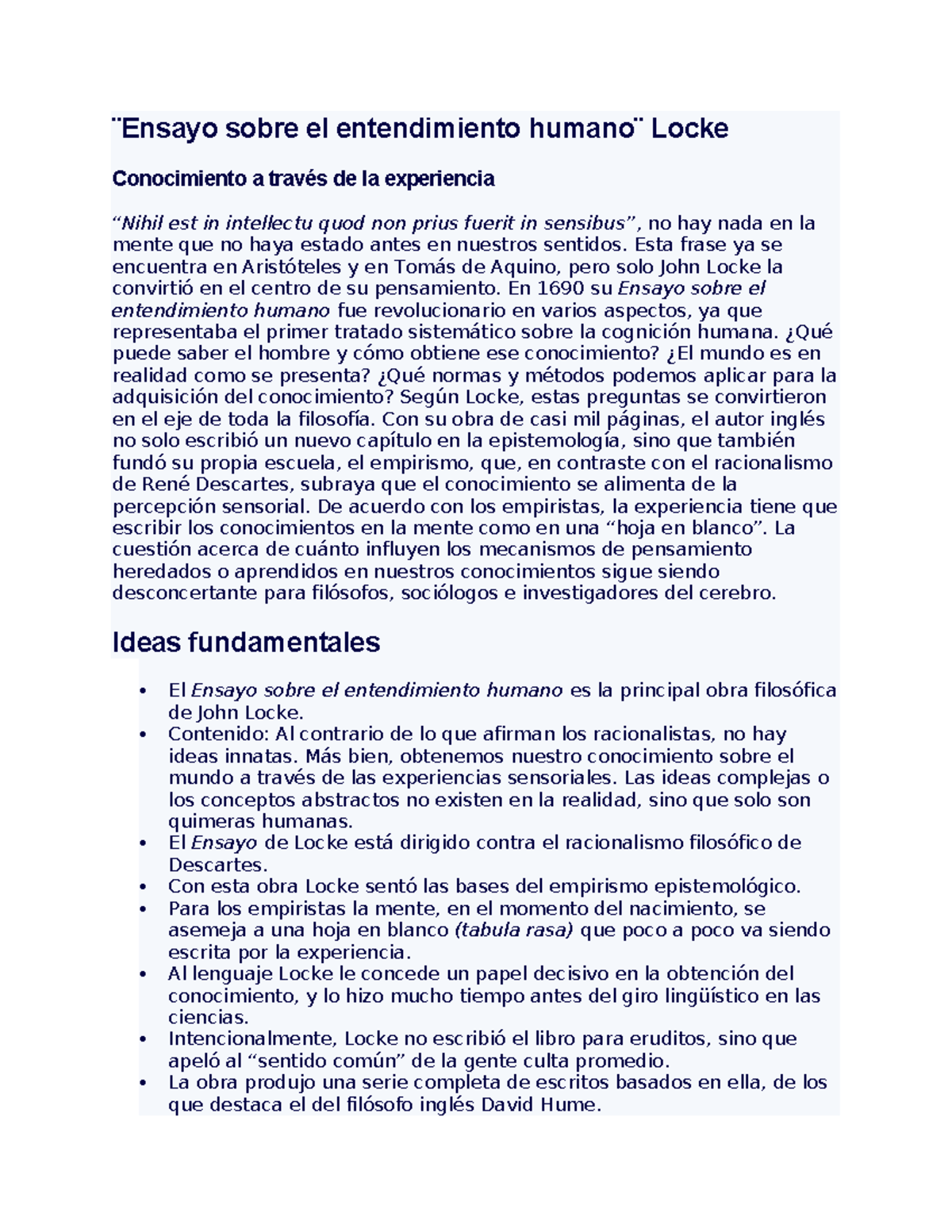 Entendimiento humano- Locke y Hume - ̈Ensayo sobre el entendimiento ...