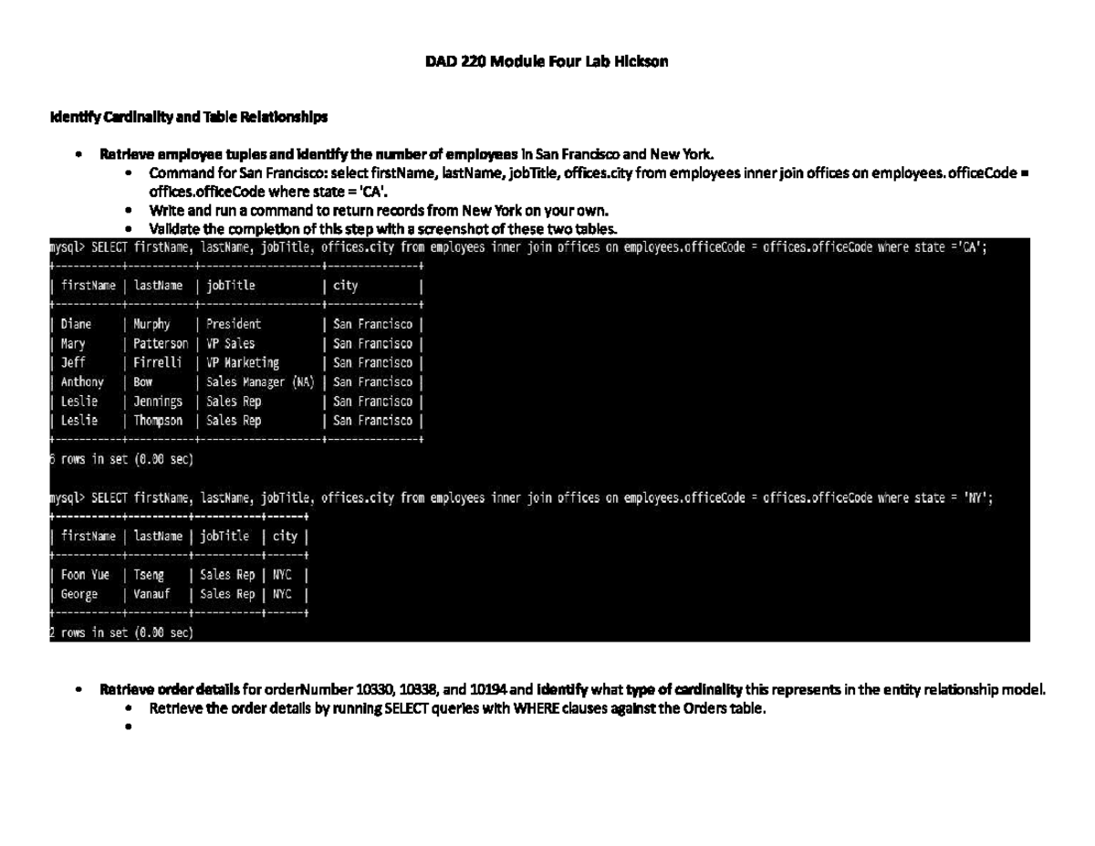 DAD 220 4-2 Cardinality and Table Relationships Hickson - DAD 220 ...