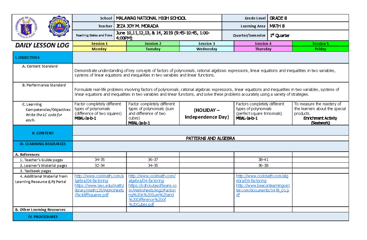 420421596 DLL Math 8 Week 2 - School MALAWAG NATIONAL HIGH SCHOOL Grade ...