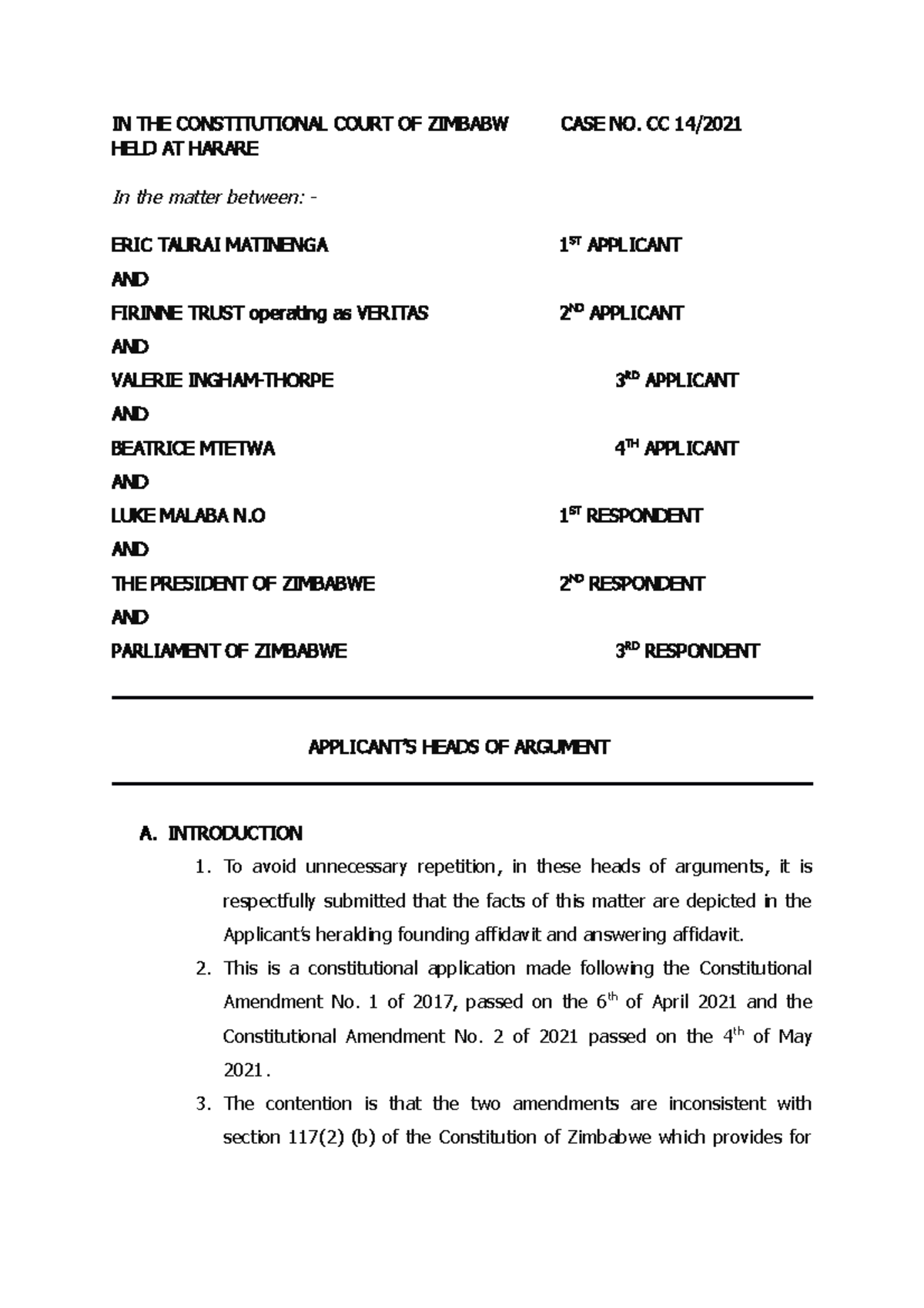 Cps heads - IN THE CONSTITUTIONAL COURT OF ZIMBABW CASE NO. CC 14 /2 ...