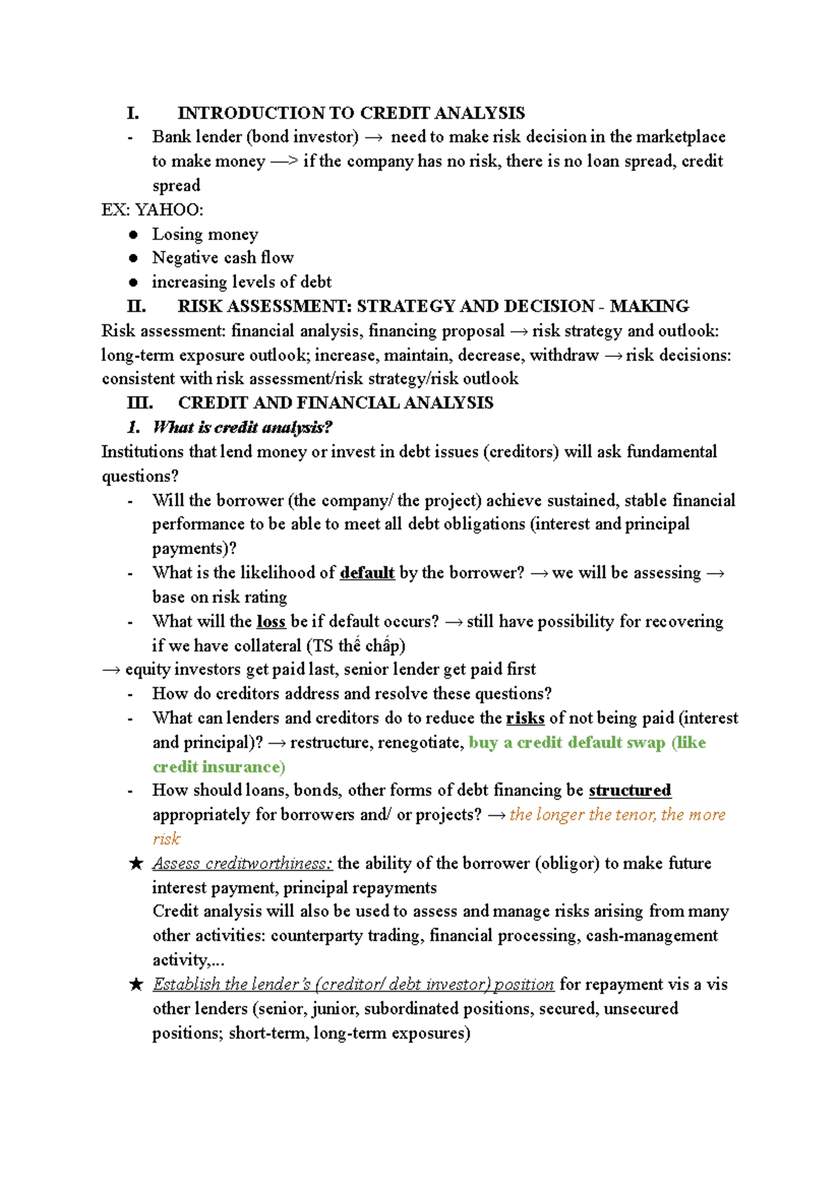 Finance - RISK Management - I. INTRODUCTION TO CREDIT ANALYSIS Bank ...