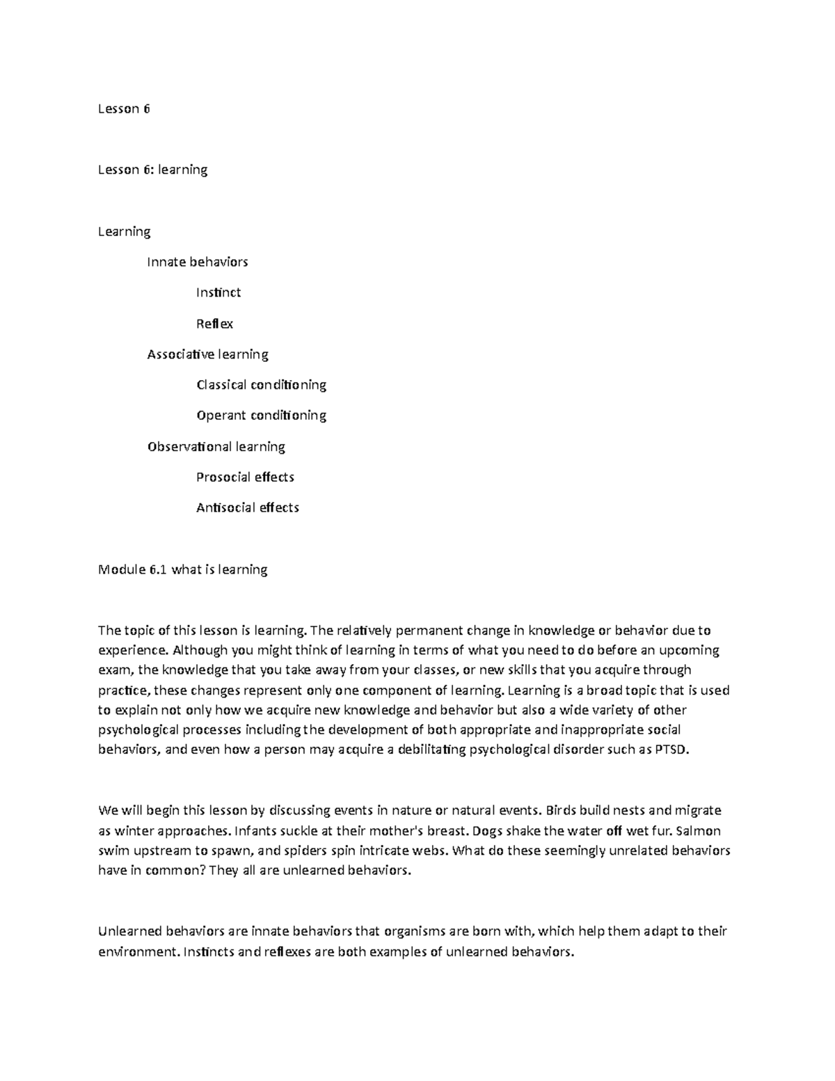 Psy lesson 6 - learning - Lesson 6 Lesson 6: learning Learning Innate ...