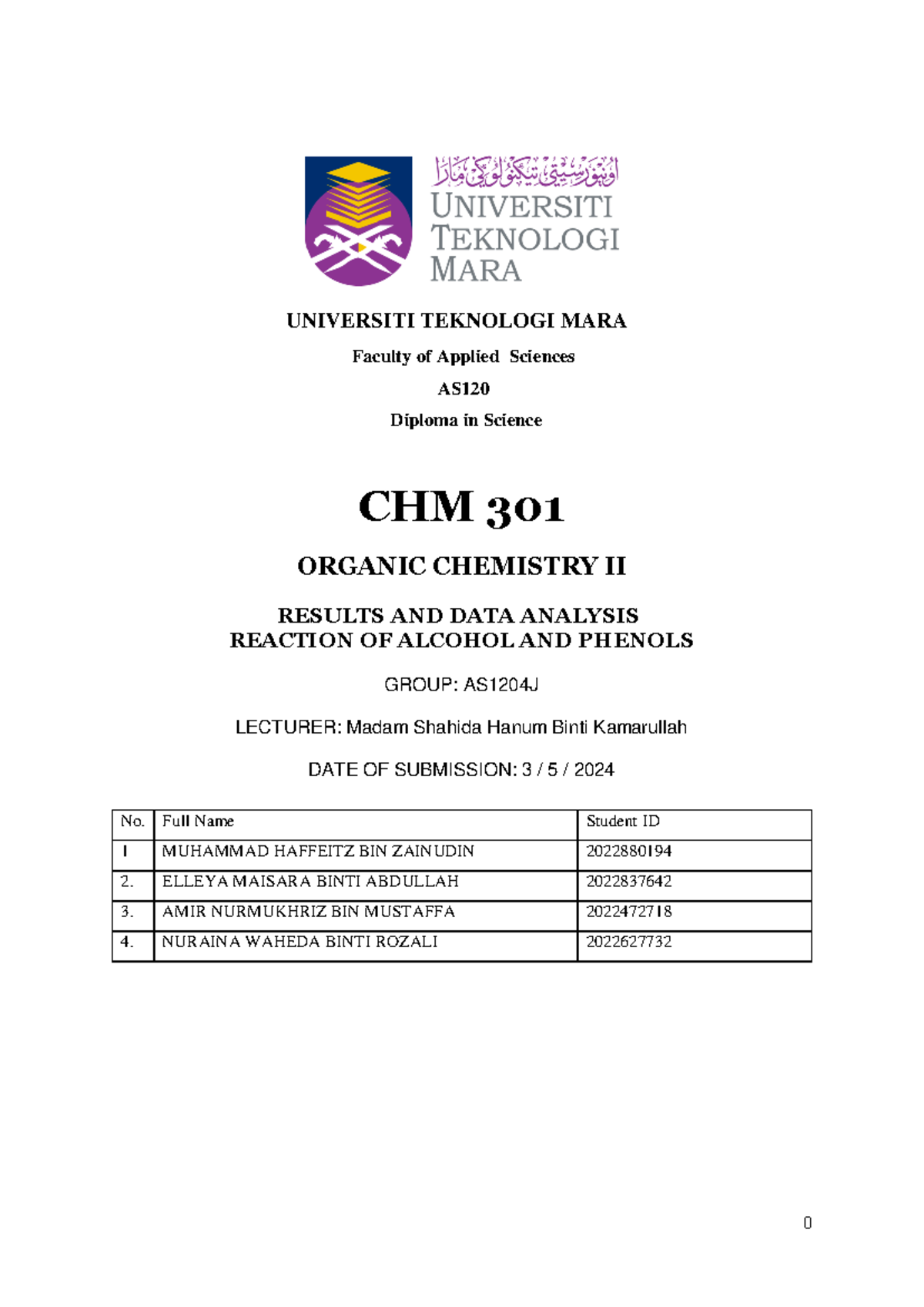 CHM301 Datasheet 1 Group 6 - UNIVERSITI TEKNOLOGI MARA Faculty of Applied Sciences AS Diploma in ...