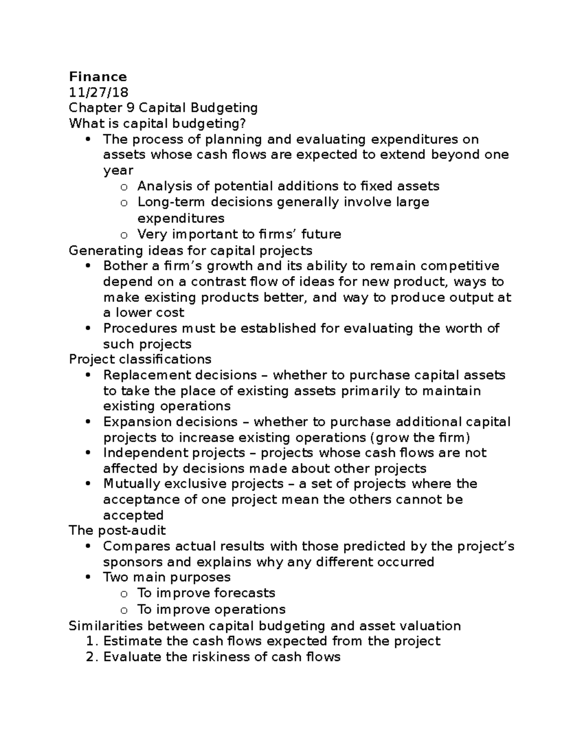 Test 3 Notes - James Carney - Finance 11/27/ Chapter 9 Capital ...