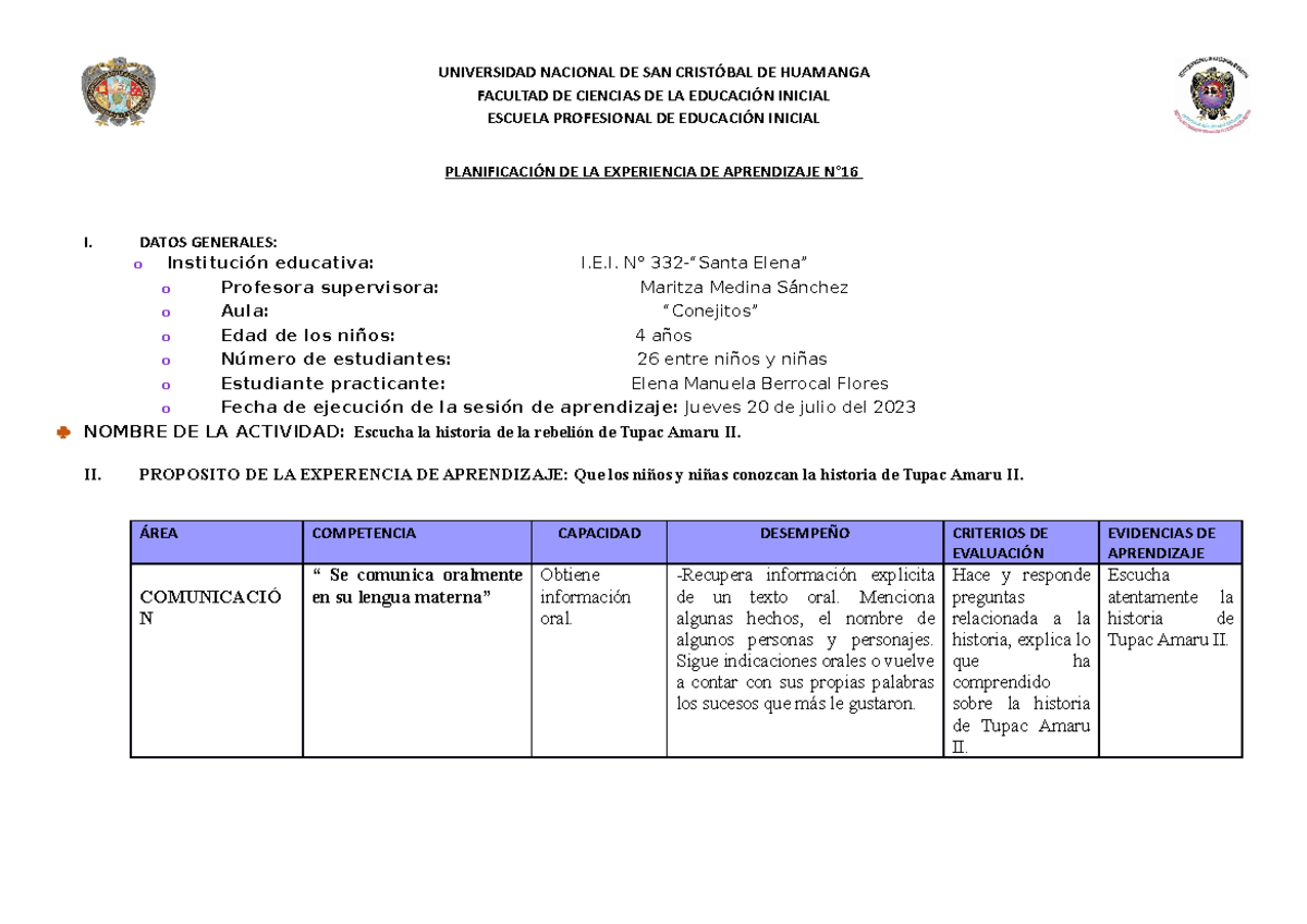 Planificación DE LA Experiencia DE Aprendizaje 16 - PLANIFICACIÓN DE LA EXPERIENCIA DE ...