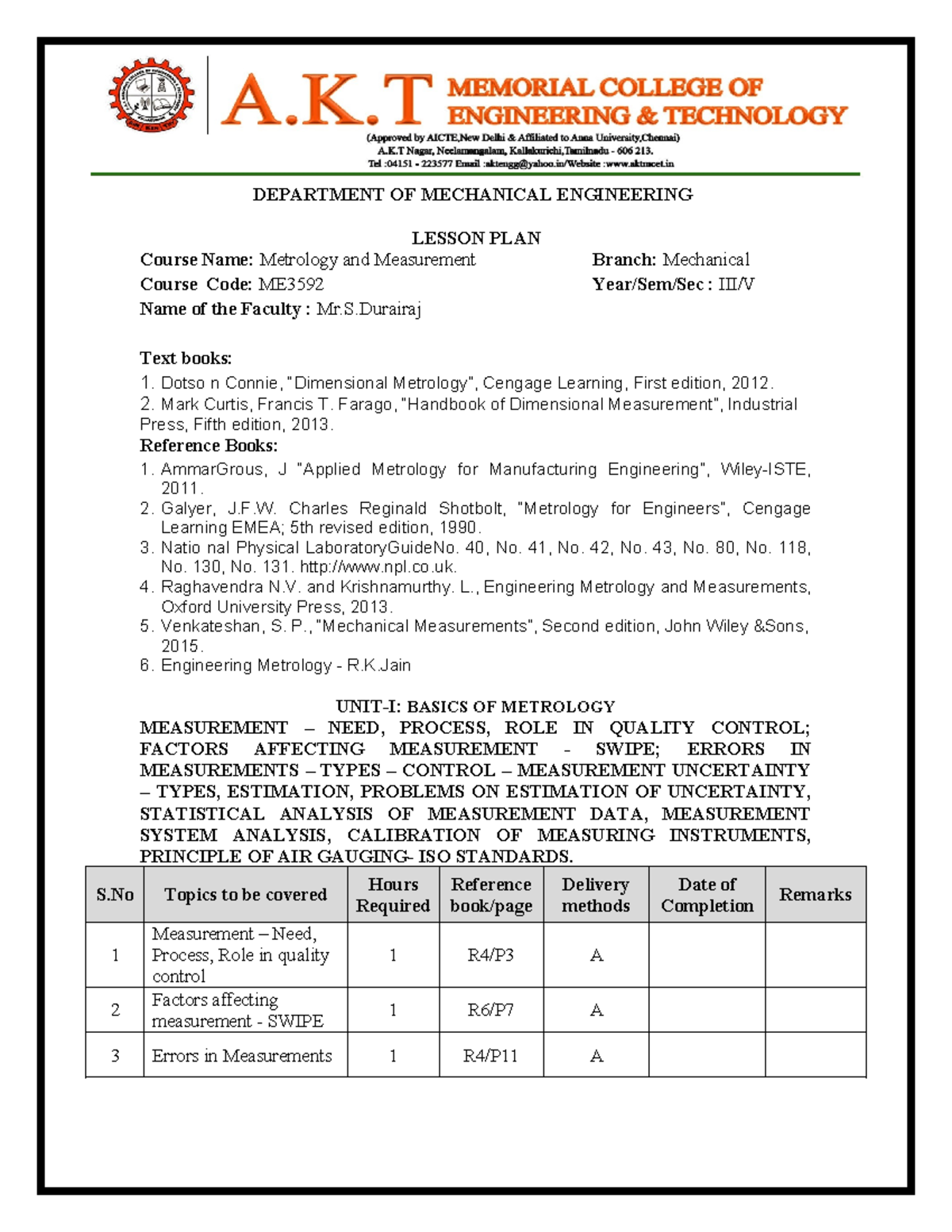 2. Lesson PLAN - DEPARTMENT OF MECHANICAL ENGINEERING LESSON PLAN ...