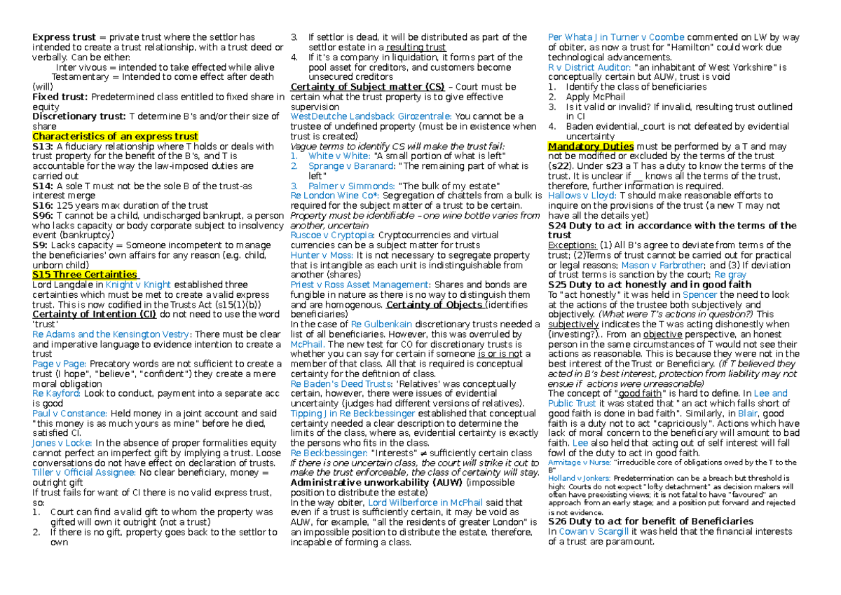 301 Test 1 Cheat Sheet - Summary Equity and Trusts - Express trust ...