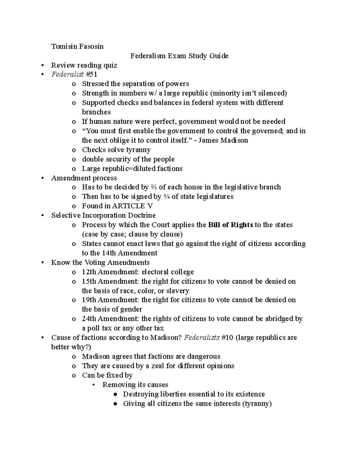 Federalism study guide - Tomisin Fasosin Federalism Exam Study Guide ...