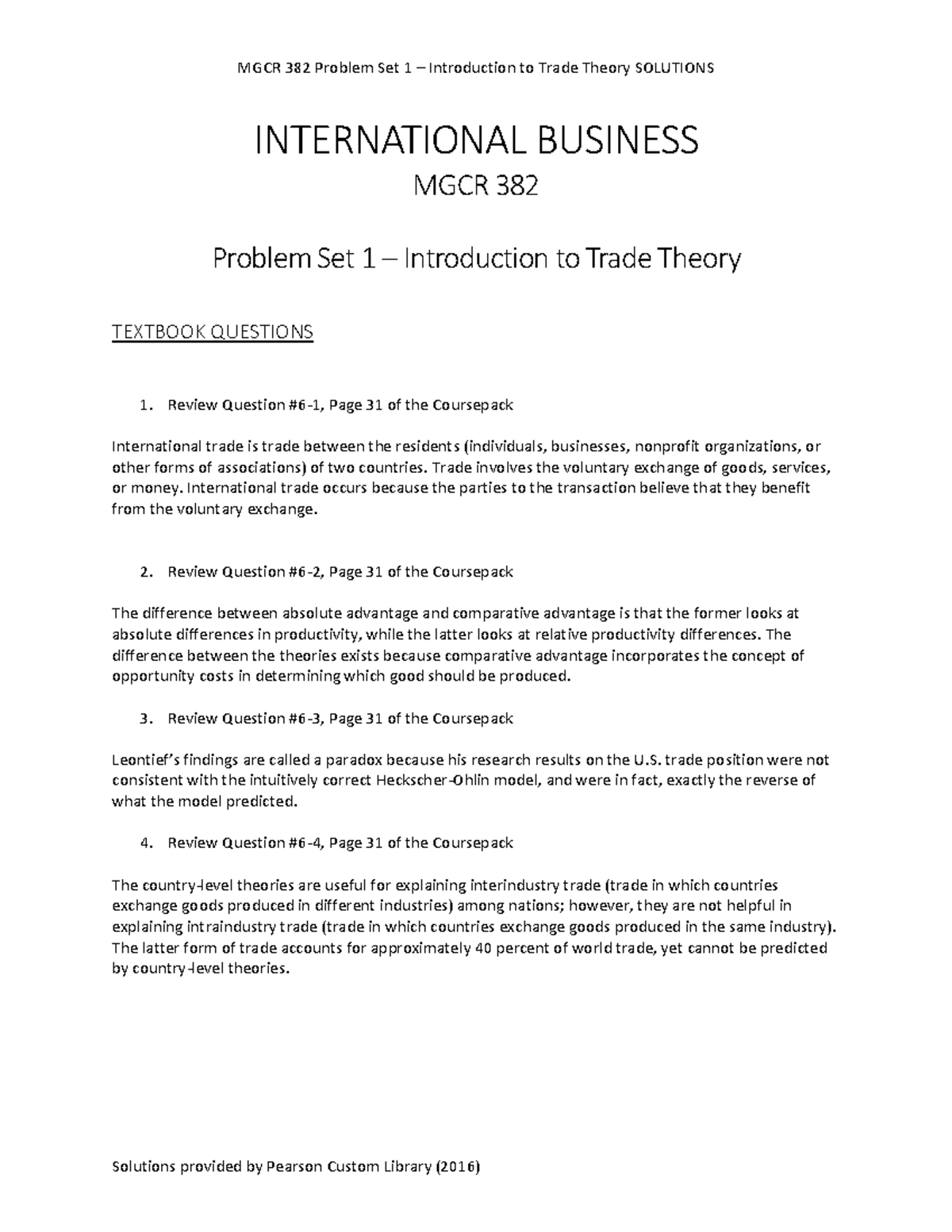 Problem Set 1 - Introduction to Trade Theory Solutions Fall 2023 updated - MGCR 382 Problem Set ...