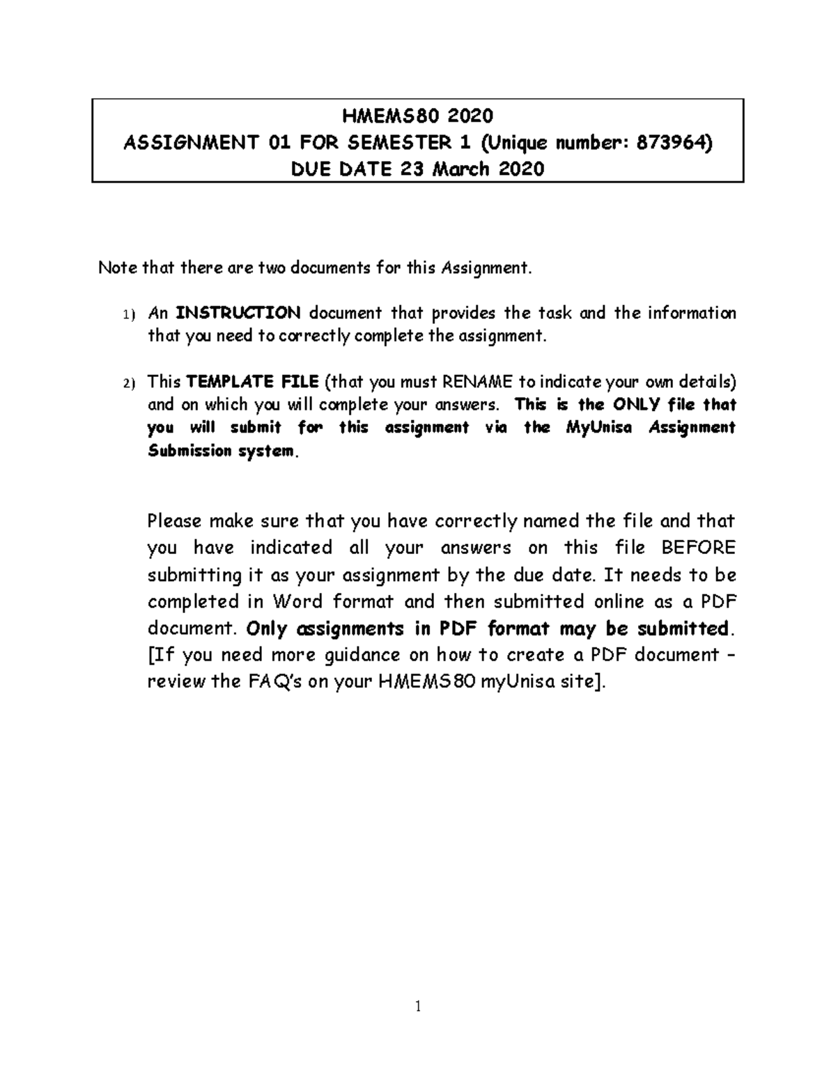 Hmems 80+2020+ Semester+1 Assignment 1 - HMEMS80 2020 ASSIGNMENT 01 FOR SEMESTER 1 (Unique ...