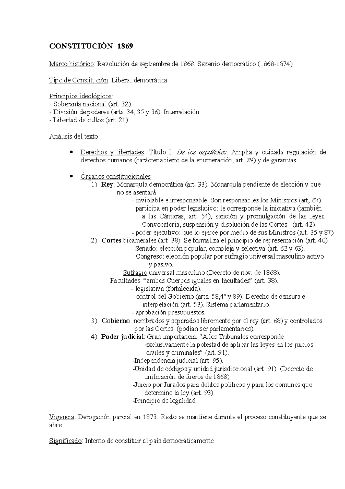 Esquema Constitución de 1869 - CONSTITUCIÓN 1869 Marco histórico ...