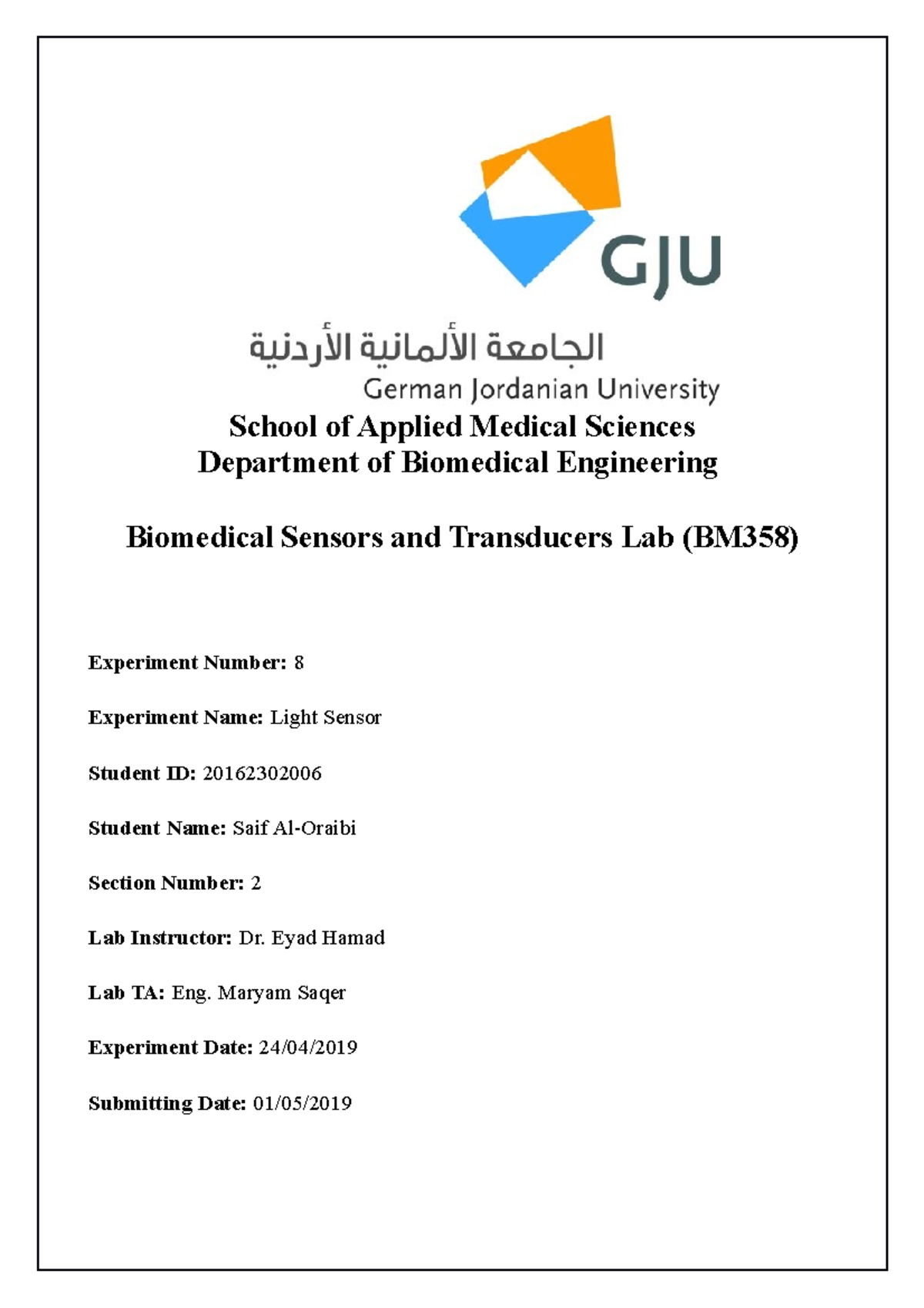 Light Sensor Experiment Report - School of Applied Medical Sciences ...
