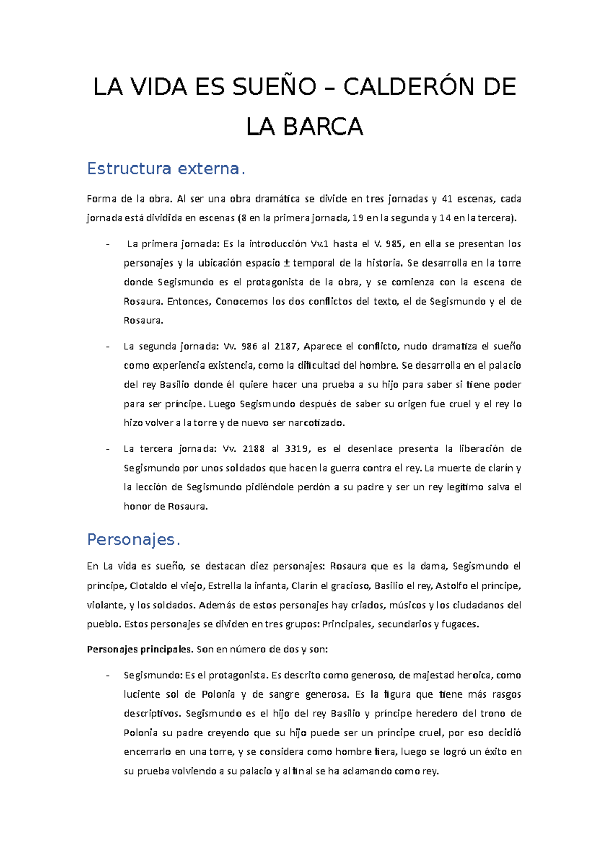LA VIDA ES Sueño - LA VIDA ES SUEÑO – CALDERÓN DE LA BARCA Estructura ...