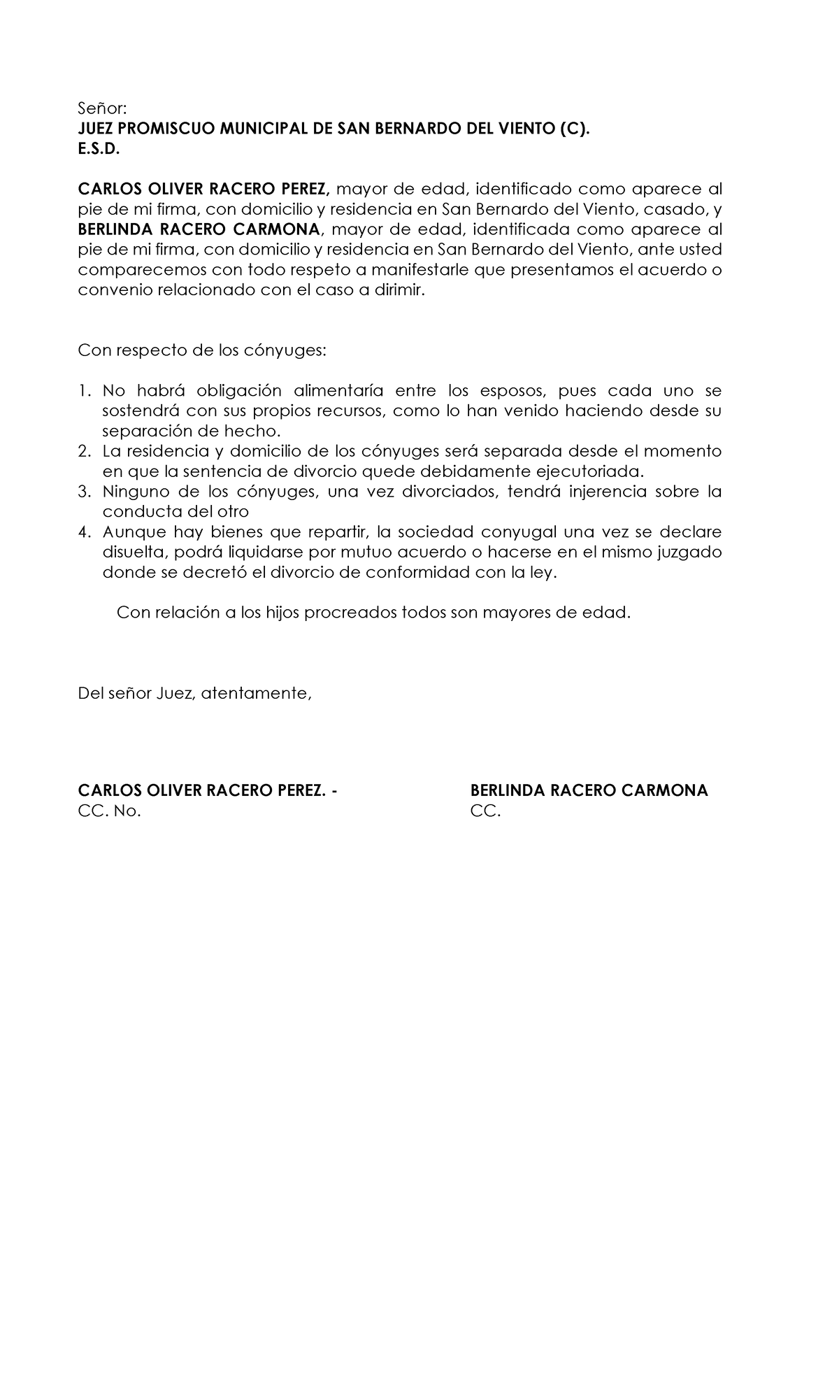 Acuerdo DE Divorcio Fernedis DE LA ROSA Y Solianis Arroyo - Señor: JUEZ ...
