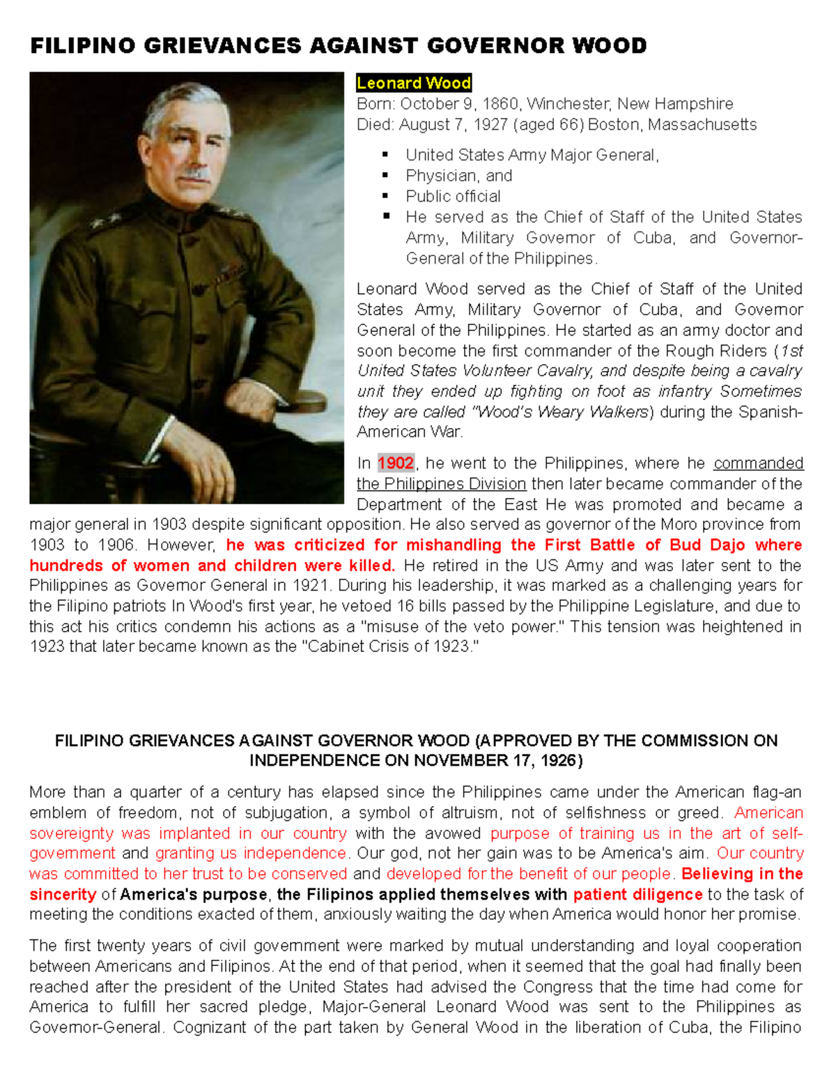 Filipino Grievances Against Governor Wood - FILIPINO GRIEVANCES AGAINST ...