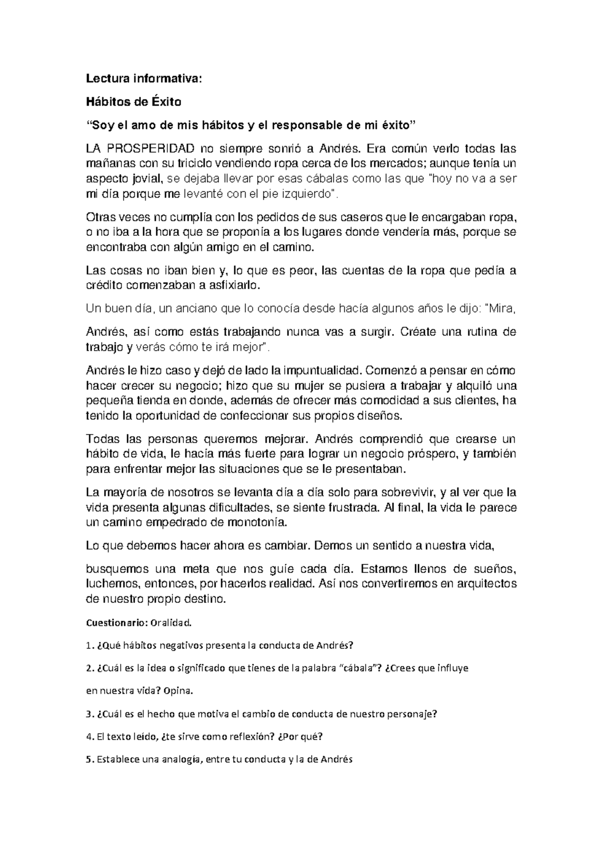 Lectura informativa - Quiero ver - Lectura informativa: Hábitos de ...