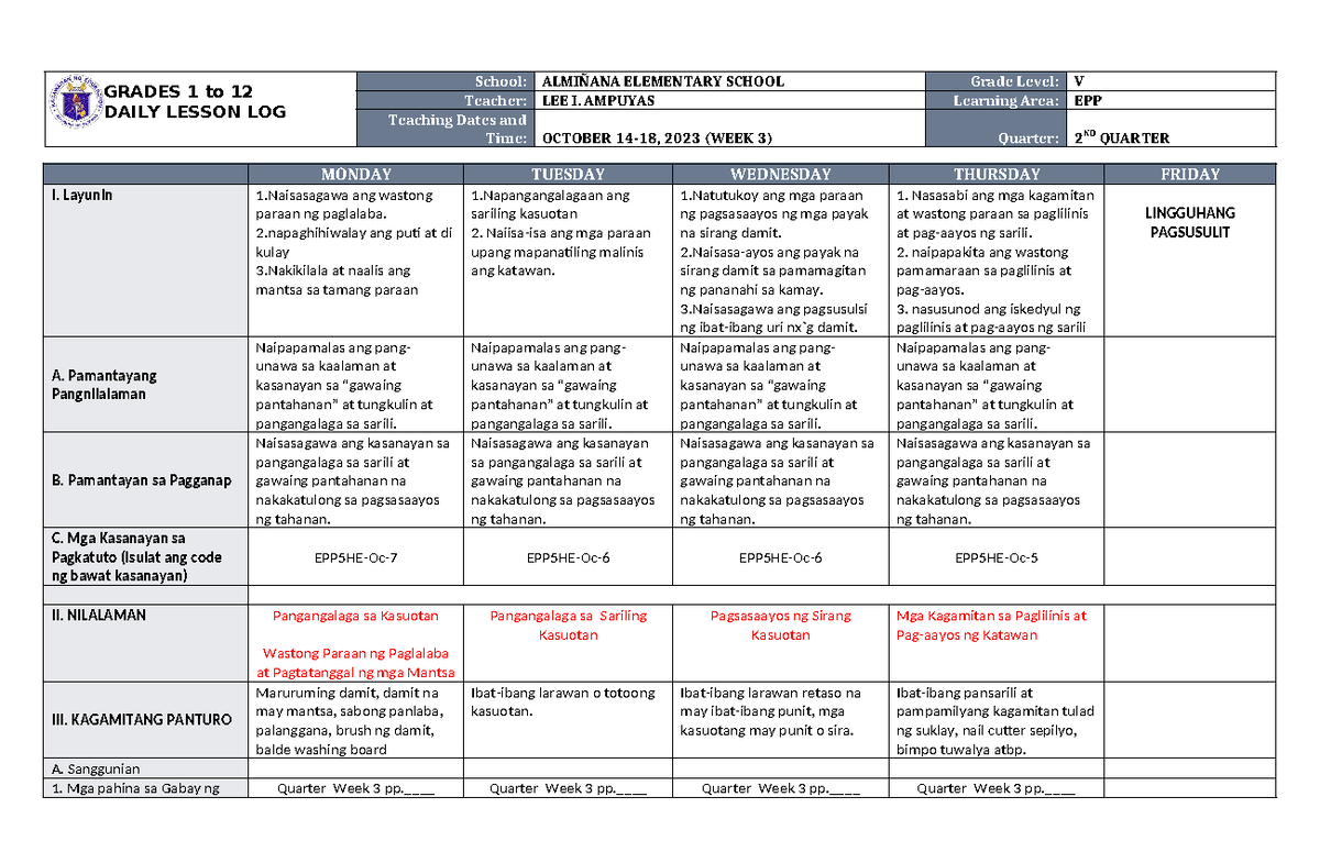 DLL EPP 5 Q2 W3 - manami - GRADES 1 to 12 DAILY LESSON LOG School ...