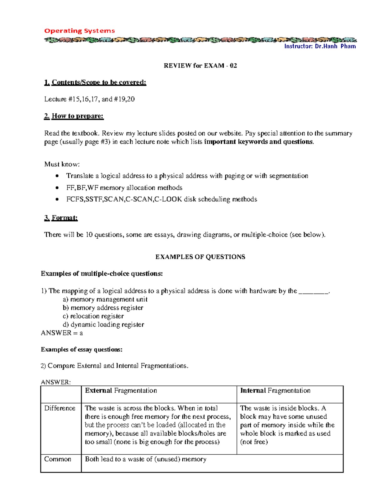 Os-ln-e2 - Os-ln-e2 - Operating Systems Instructor: Dr Pham REVIEW for ...