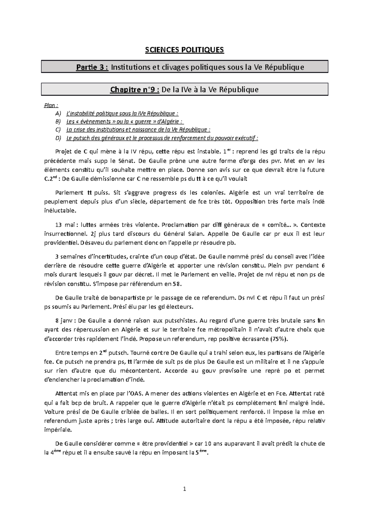 Chapitre n°9 - De la IVe à la Ve République - SCIENCES POLITIQUES Partie 3 : Institutions et ...