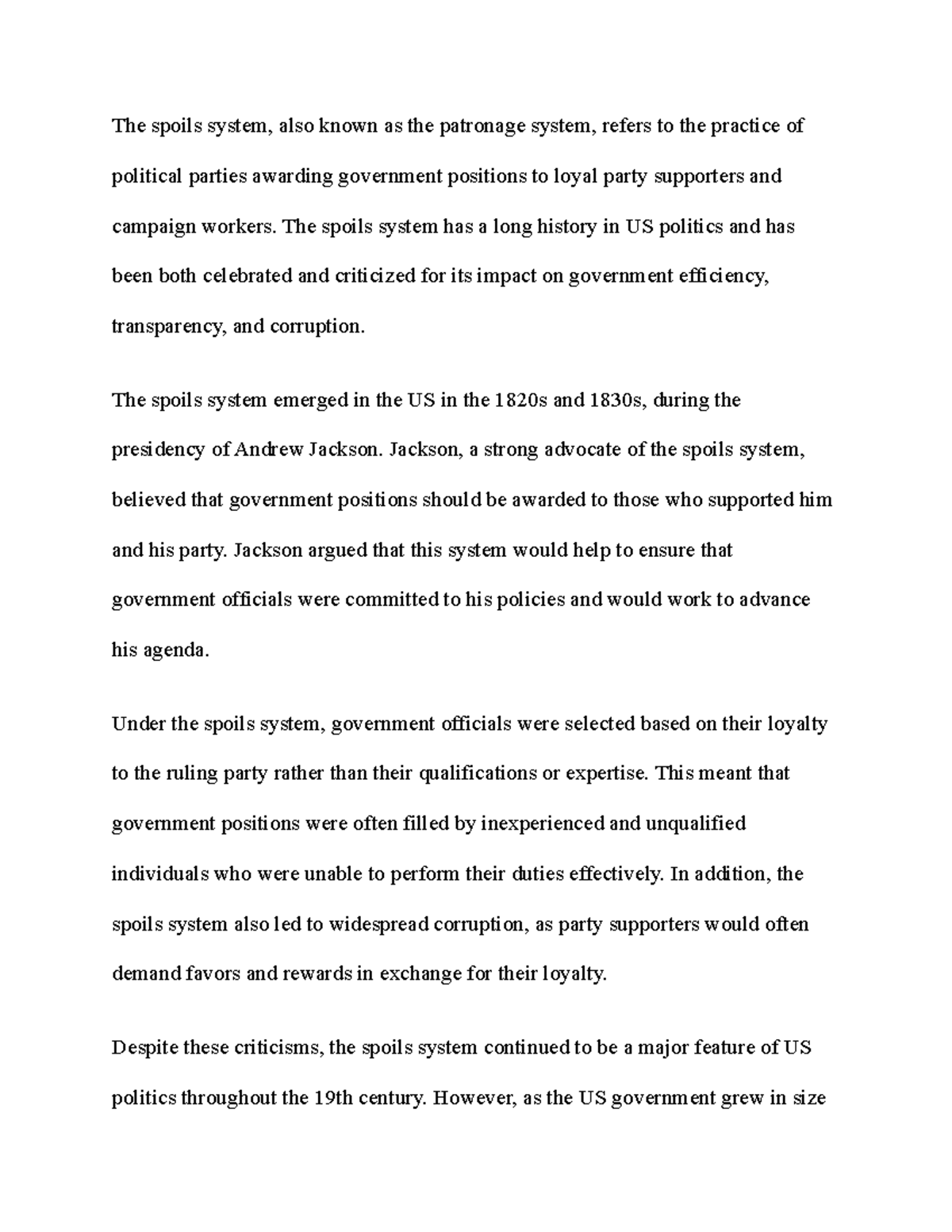 Spoils System Notes - The spoils system, also known as the patronage ...