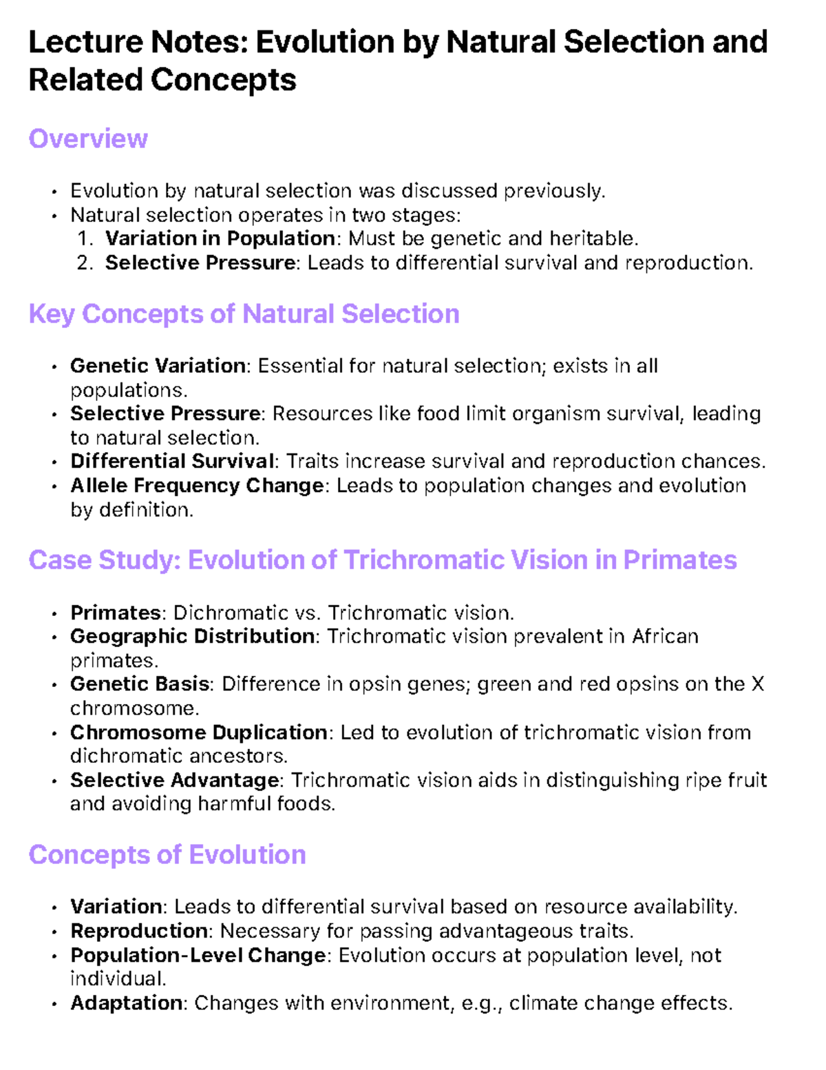 Natural selection and evolution concepts notes - Lecture Notes ...