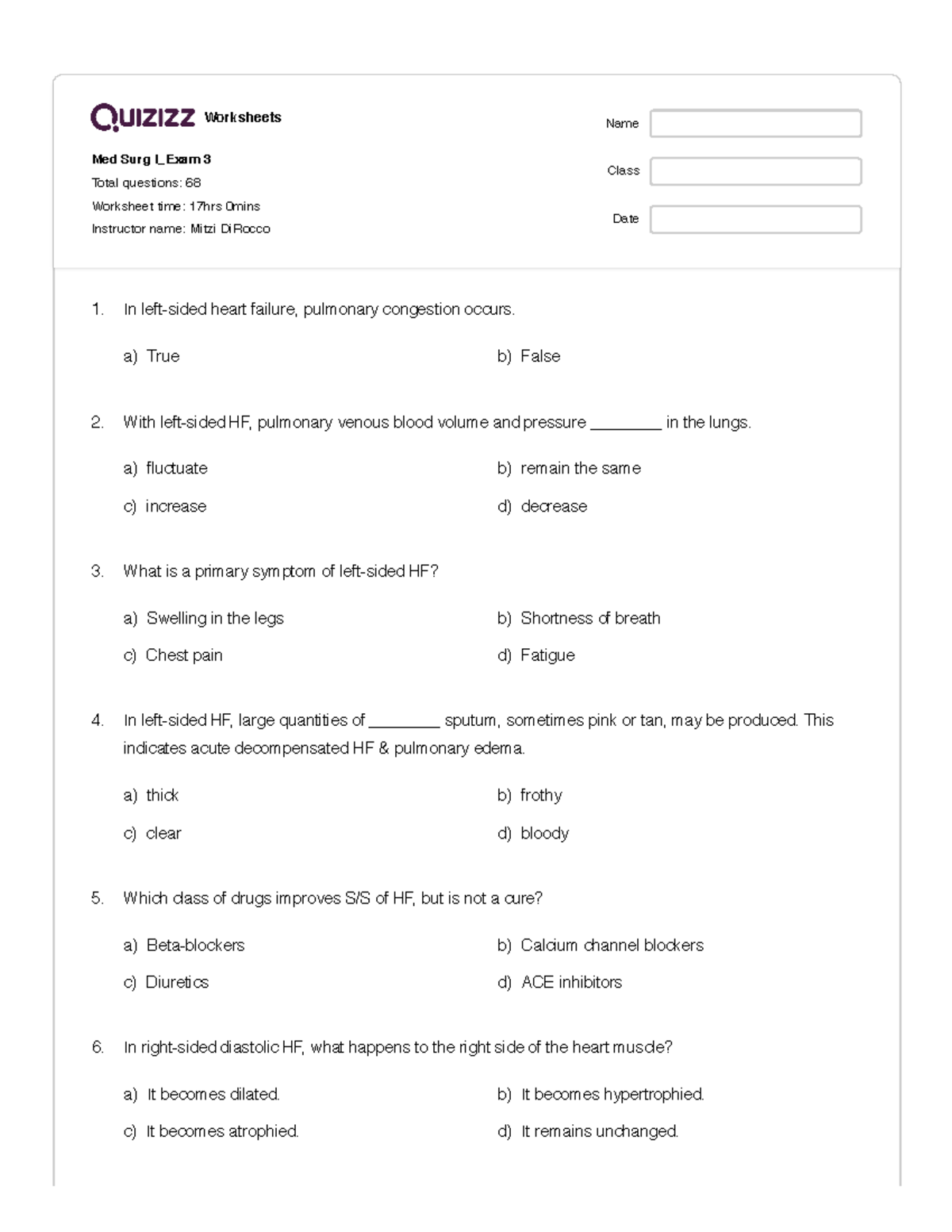 Med Surg I Exam 3 Notes - Worksheets Med Surg I_Exam 3 Total questions ...