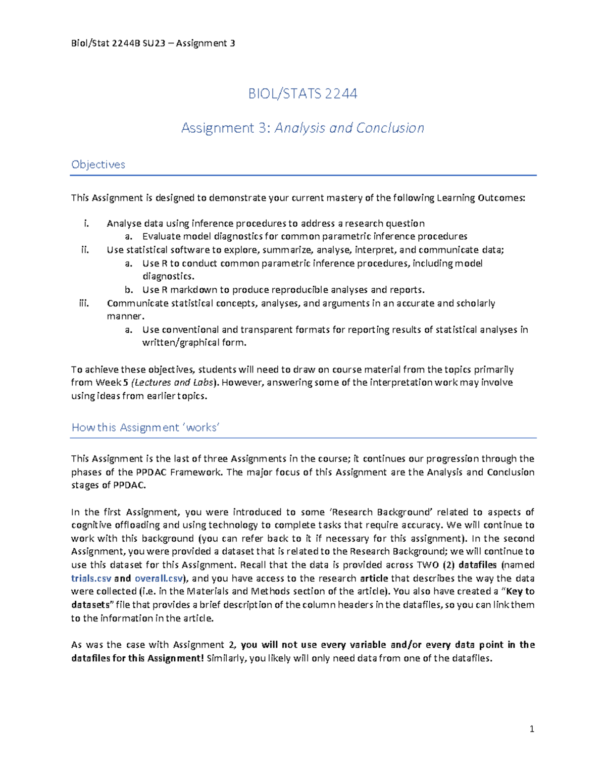 2244b Su23 Assignment 3 Analysis And Conclusion Biol Stats 2244 Assignment 3 Analysis And