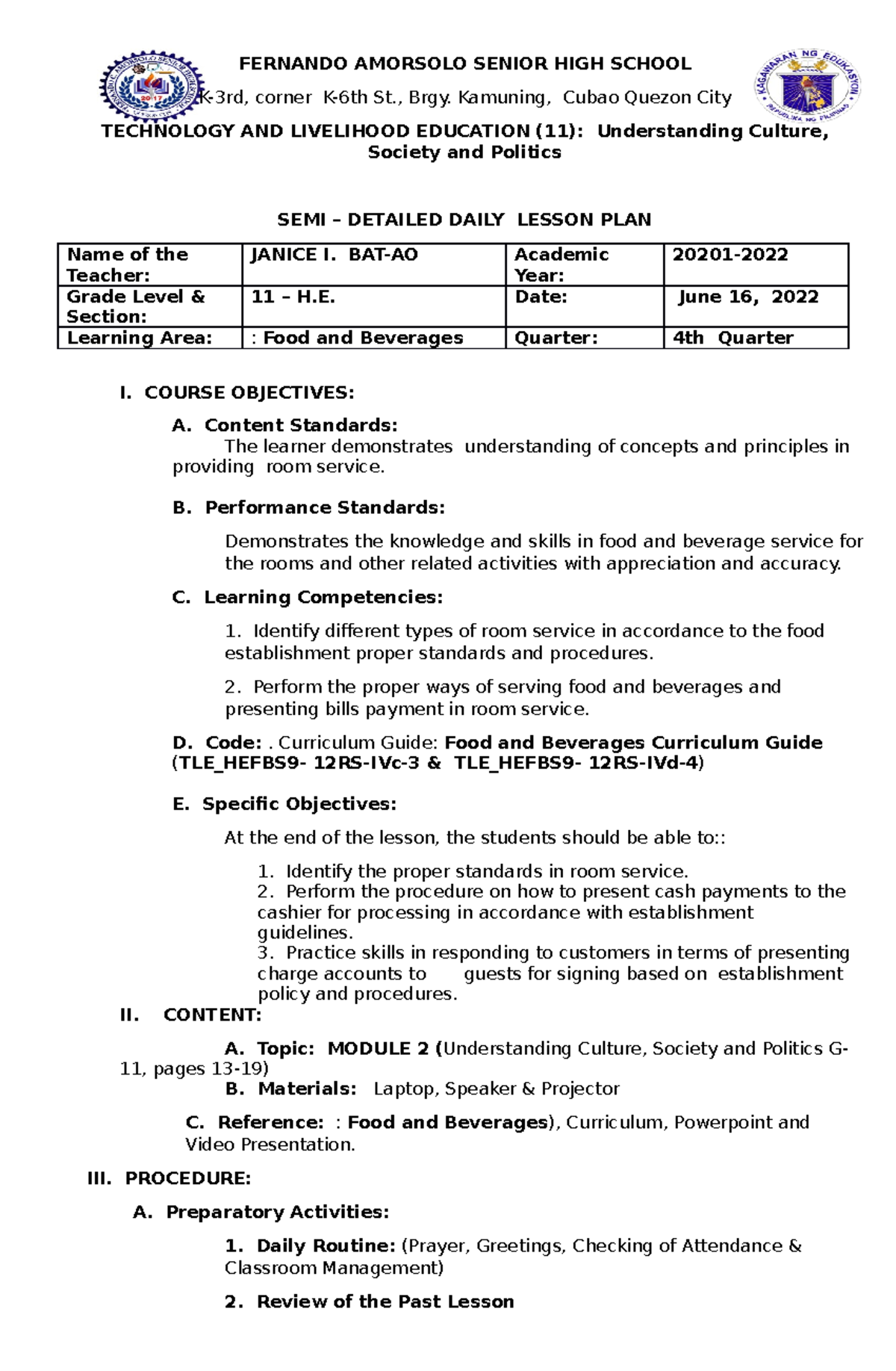 Fbs dlp demo - COT - FERNANDO AMORSOLO SENIOR HIGH SCHOOL K-3rd, corner ...
