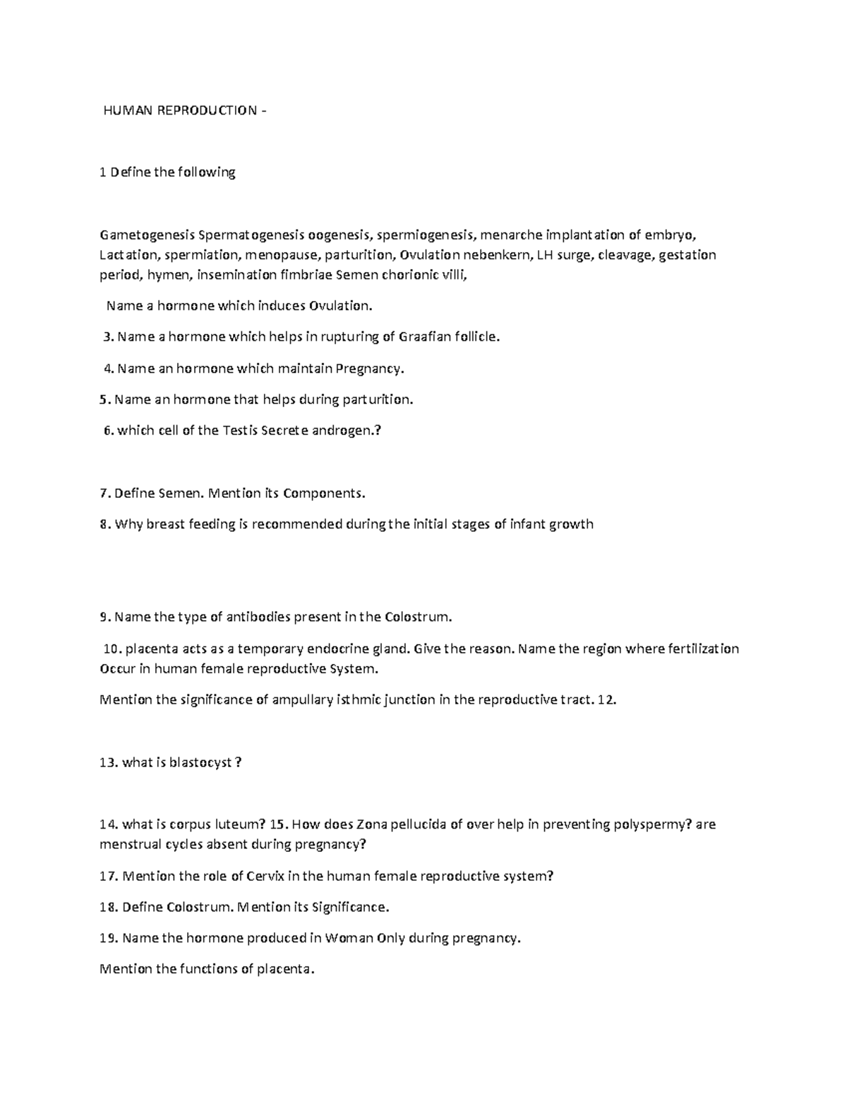 Human Reproduction - HUMAN REPRODUCTION - 1 Define the following ...