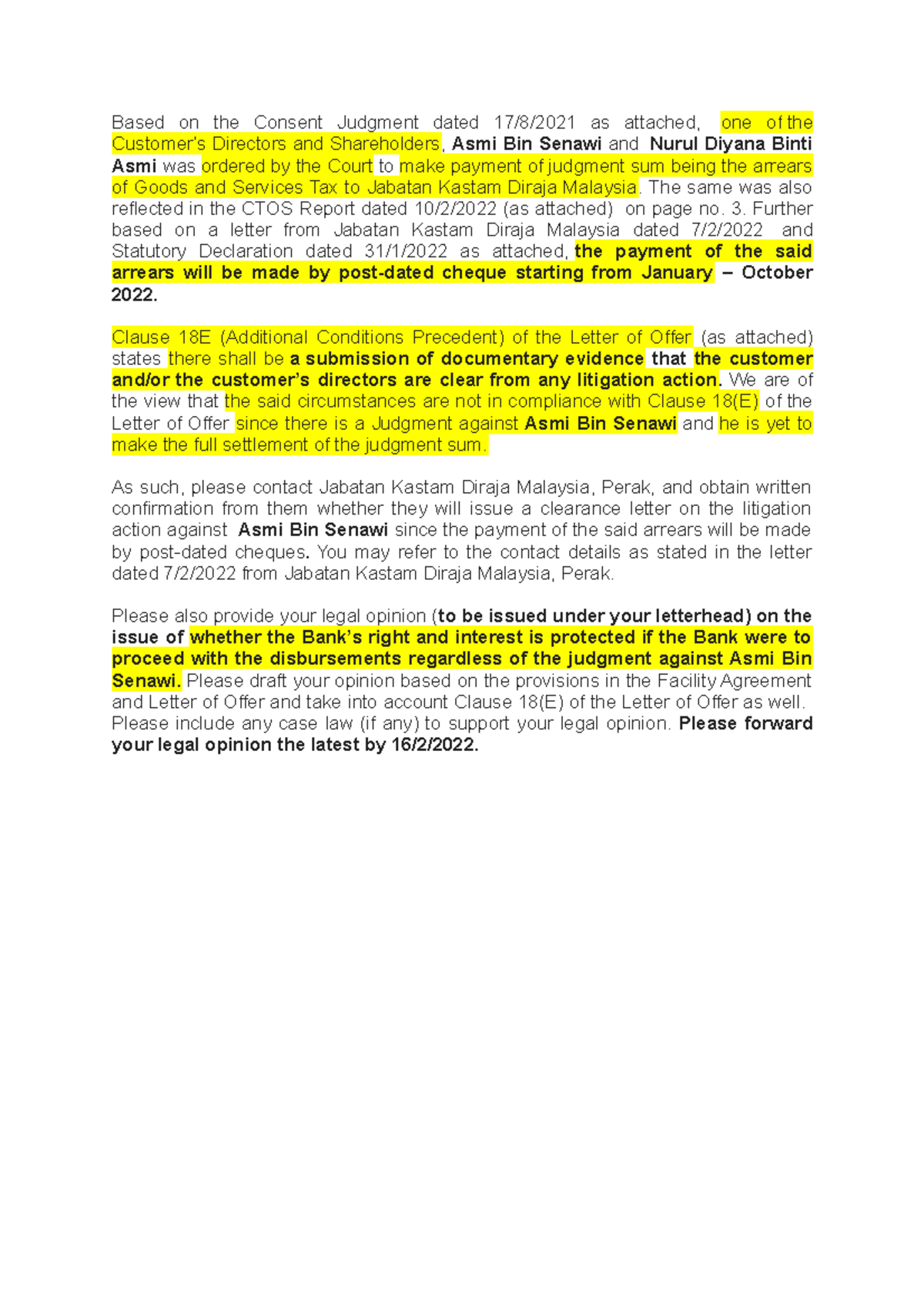 Aliya - Sup - Based on the Consent Judgment dated 17/8/2021 as attached, one of the Customer’s ...