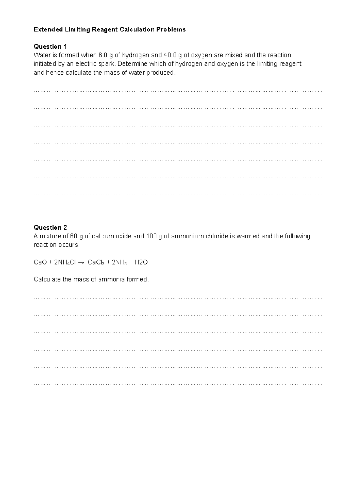 Limiting Reagents Mole Calculation Problems - Extended Limiting Reagent ...