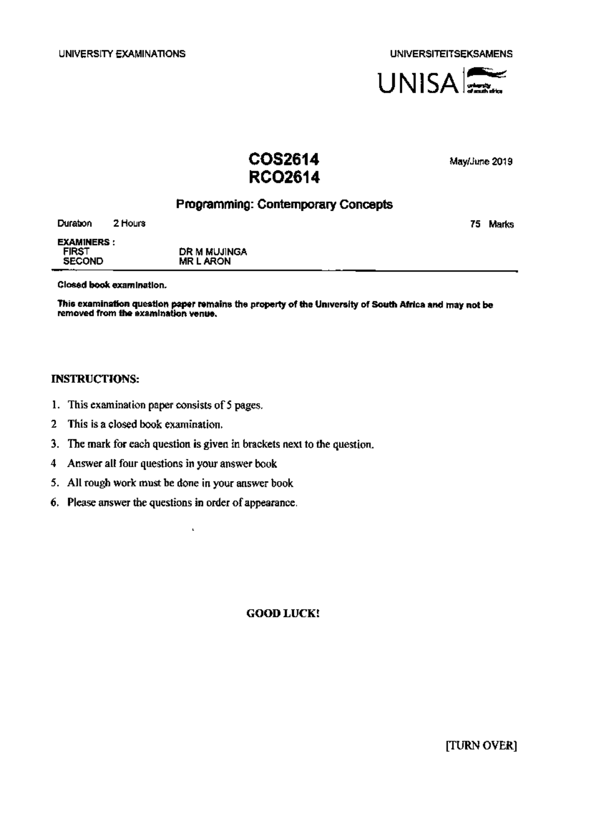 COS2614 June 2019 exam - COS2614 - Studocu