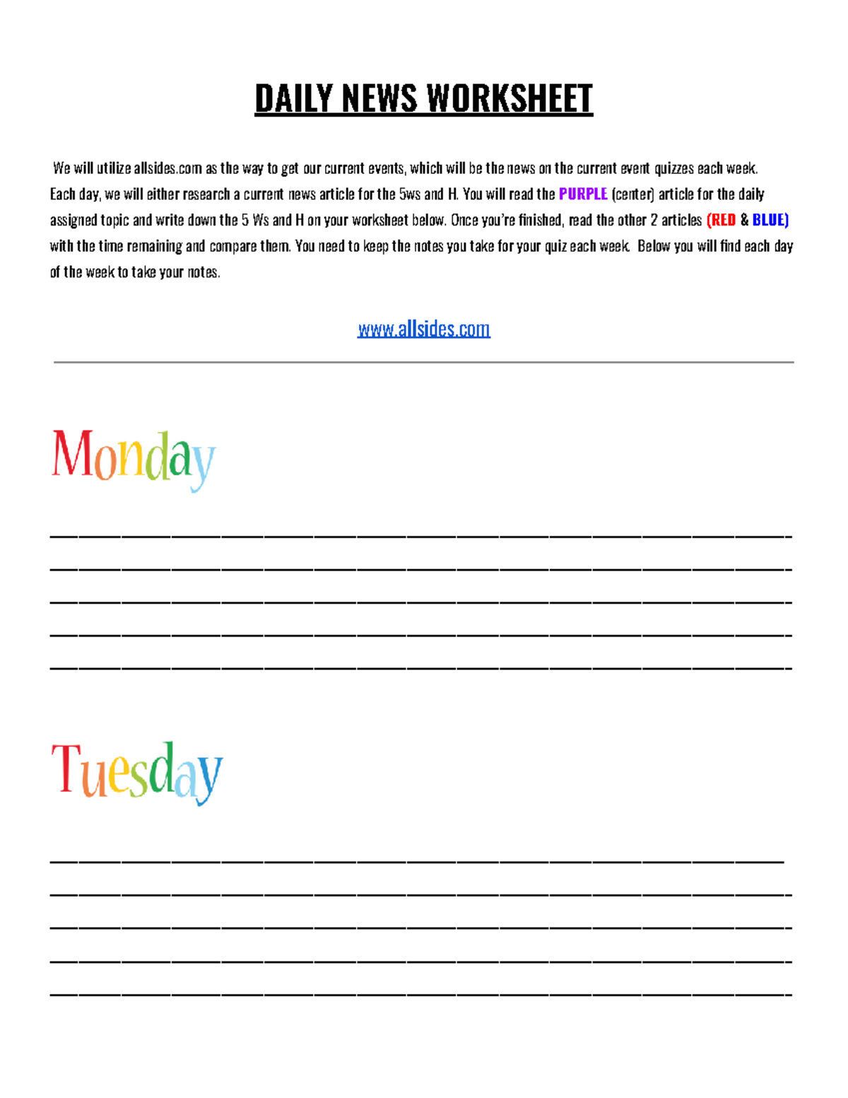Copy of Daily News Workseet 10 - DAILY NEWS WORKSHEET We will utilize ...