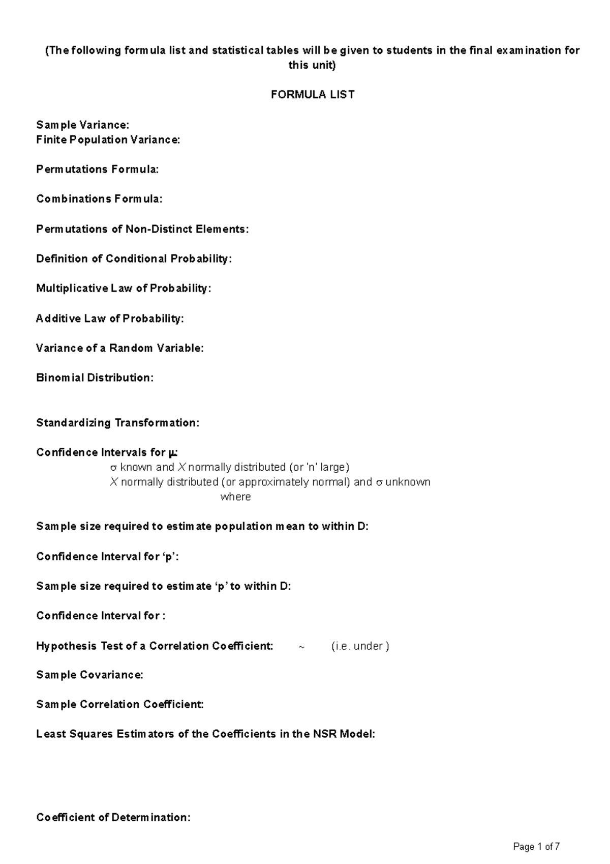 Formula List and Statistical Tables - (The following formula list and ...