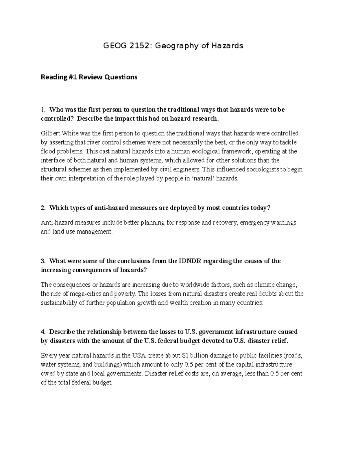 Reading #1 Questions - GEOG 2152: Geography of Hazards Reading #1 ...