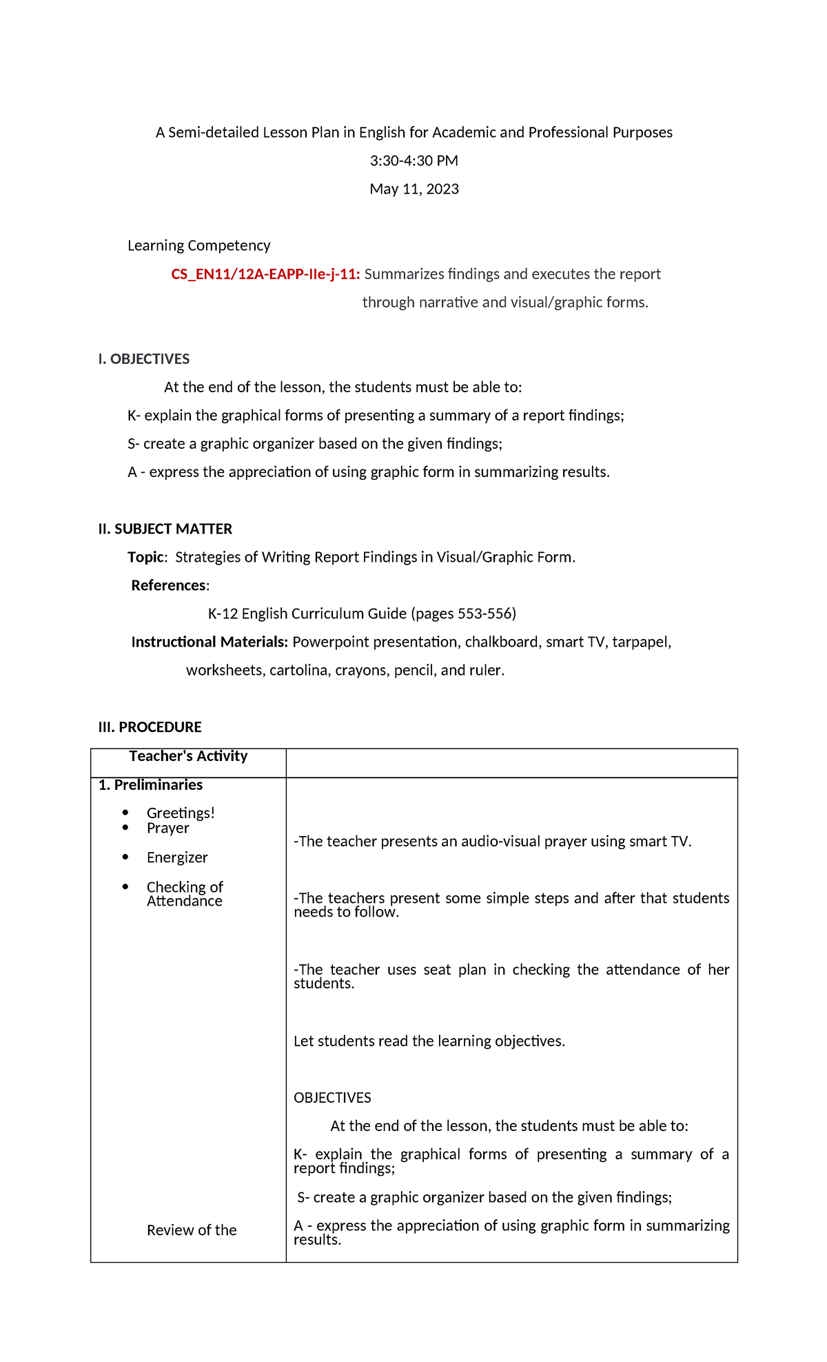 COT 4 - EAPP 12 Lesson PLAN - A Semi-detailed Lesson Plan in English ...