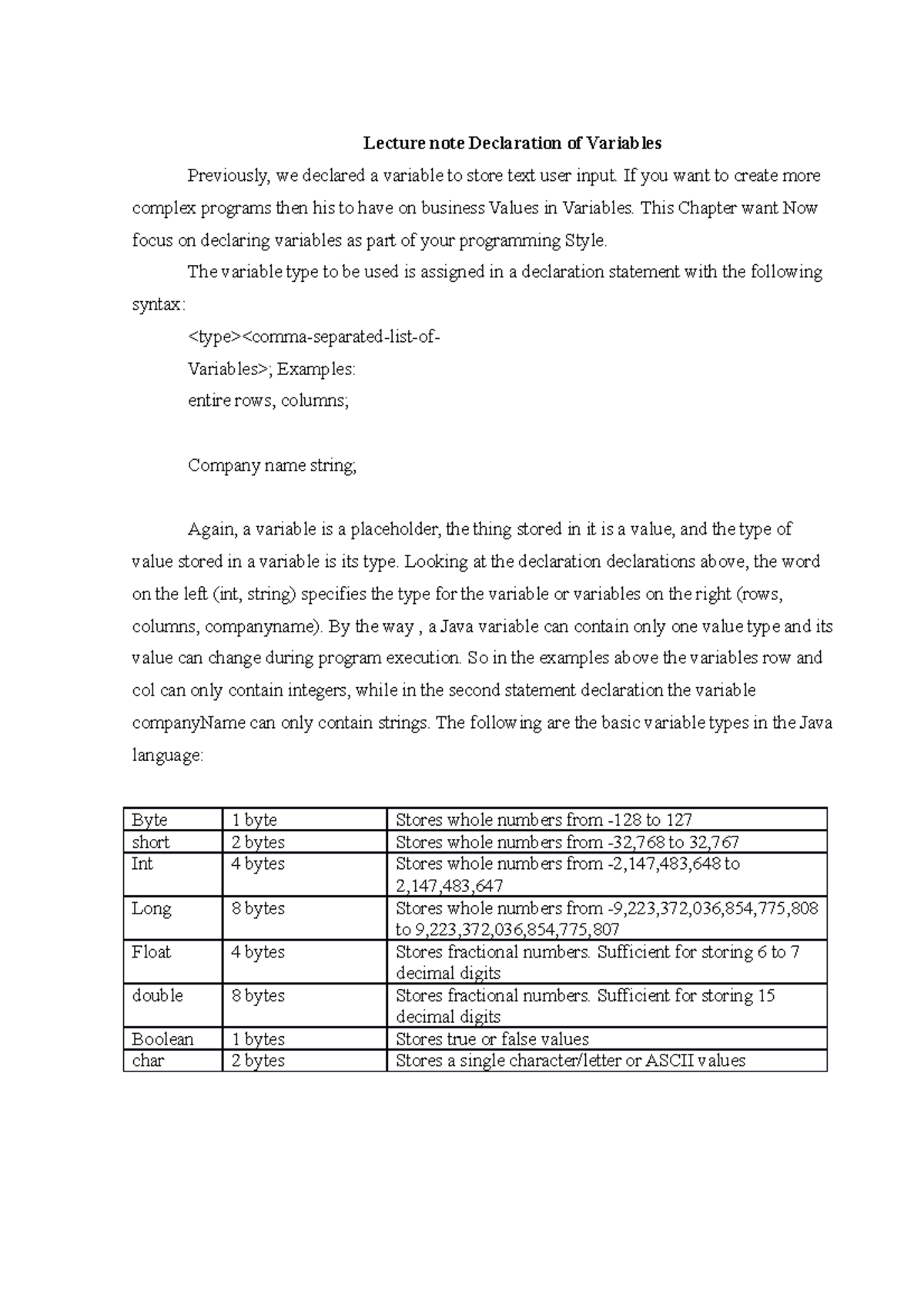Lecture note Declaration of Variables - Lecture note Declaration of Variables Previously, we ...