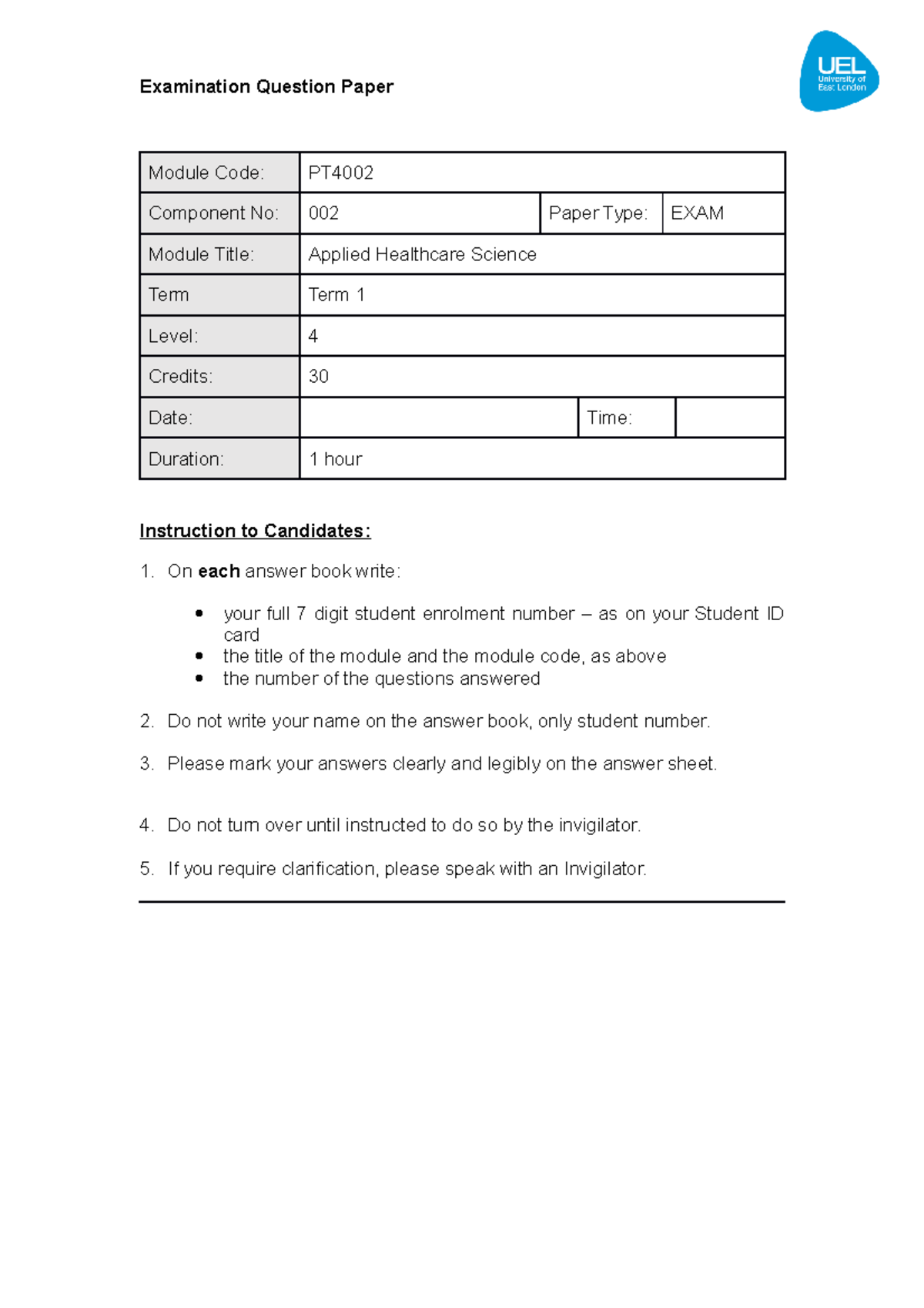 Exam January 2019, questions and answers - Examination Question Paper ...