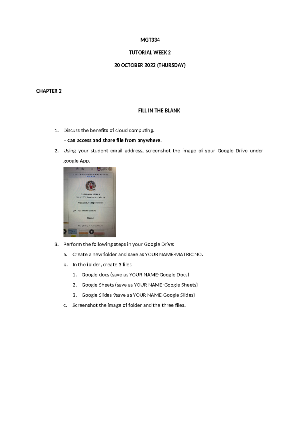 TUTO WEEK 2 - MGT TUTORIAL WEEK 2 20 OCTOBER 2022 (THURSDAY) CHAPTER 2 FILL IN THE BLANK Discuss ...